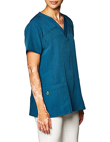 WonderWink Women's Four Way Stretch Sporty V-Neck Top, Caribbean, Small