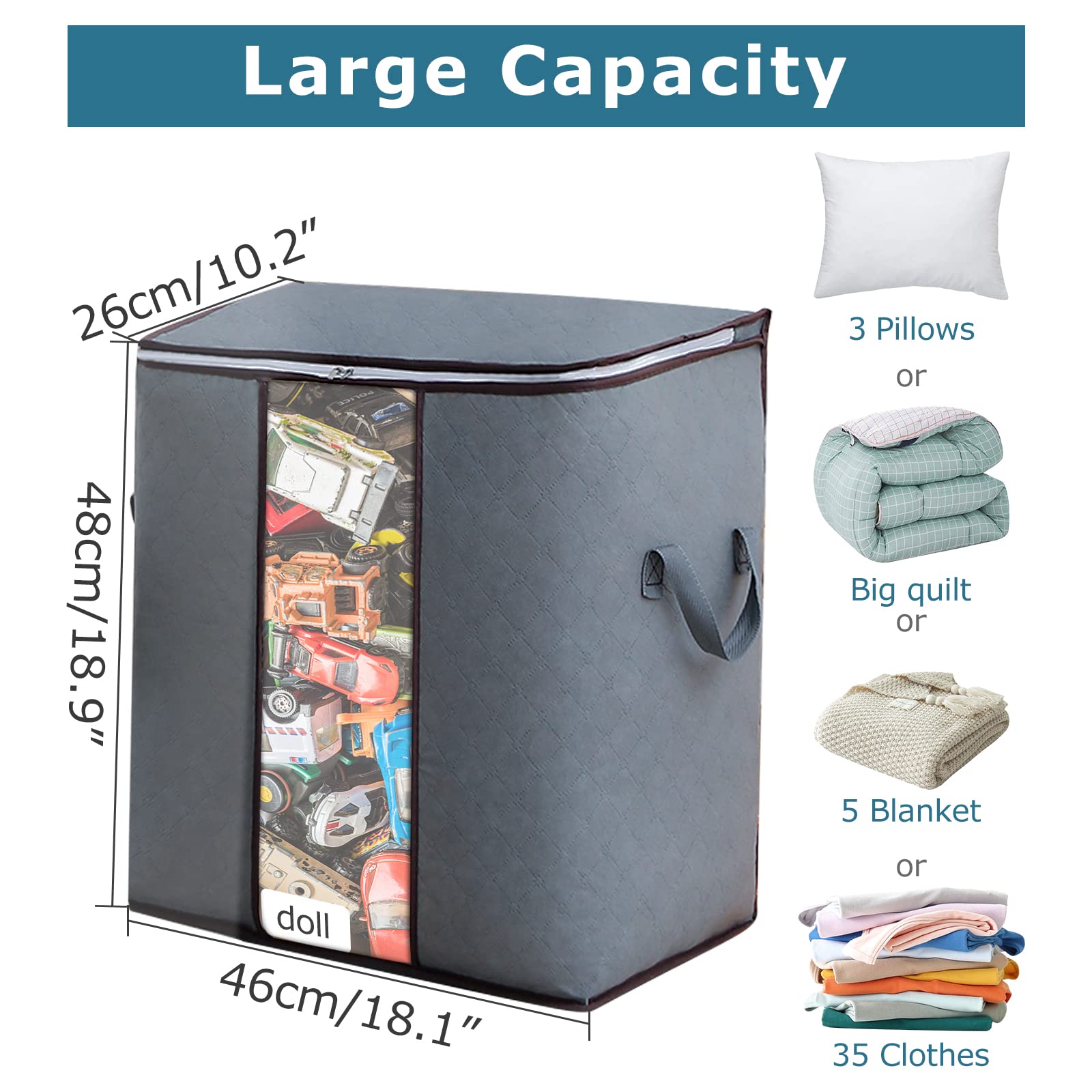 toresper under bed storage containers,Large Capacity closet organization and storage,toy storage Foldable Storage Bags with Clear Window for Clothes Pillow Blankets Bedding (2 Pcs Underbed)