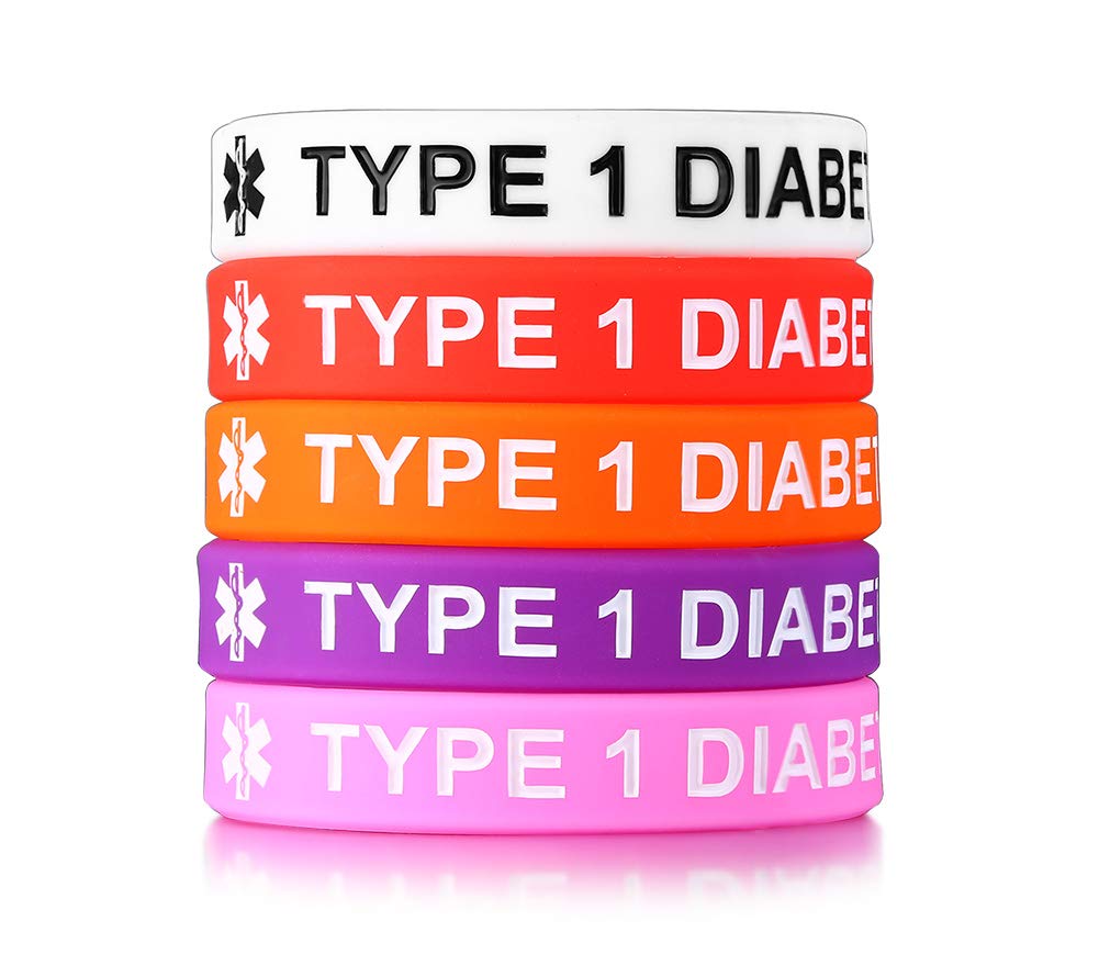VNOX 5Pcs a Set Silicone Type 1 2 Diabetes Medical Alert ID Bangle Bracelet,7.5" (Style 3-Type 1 Diabetes)