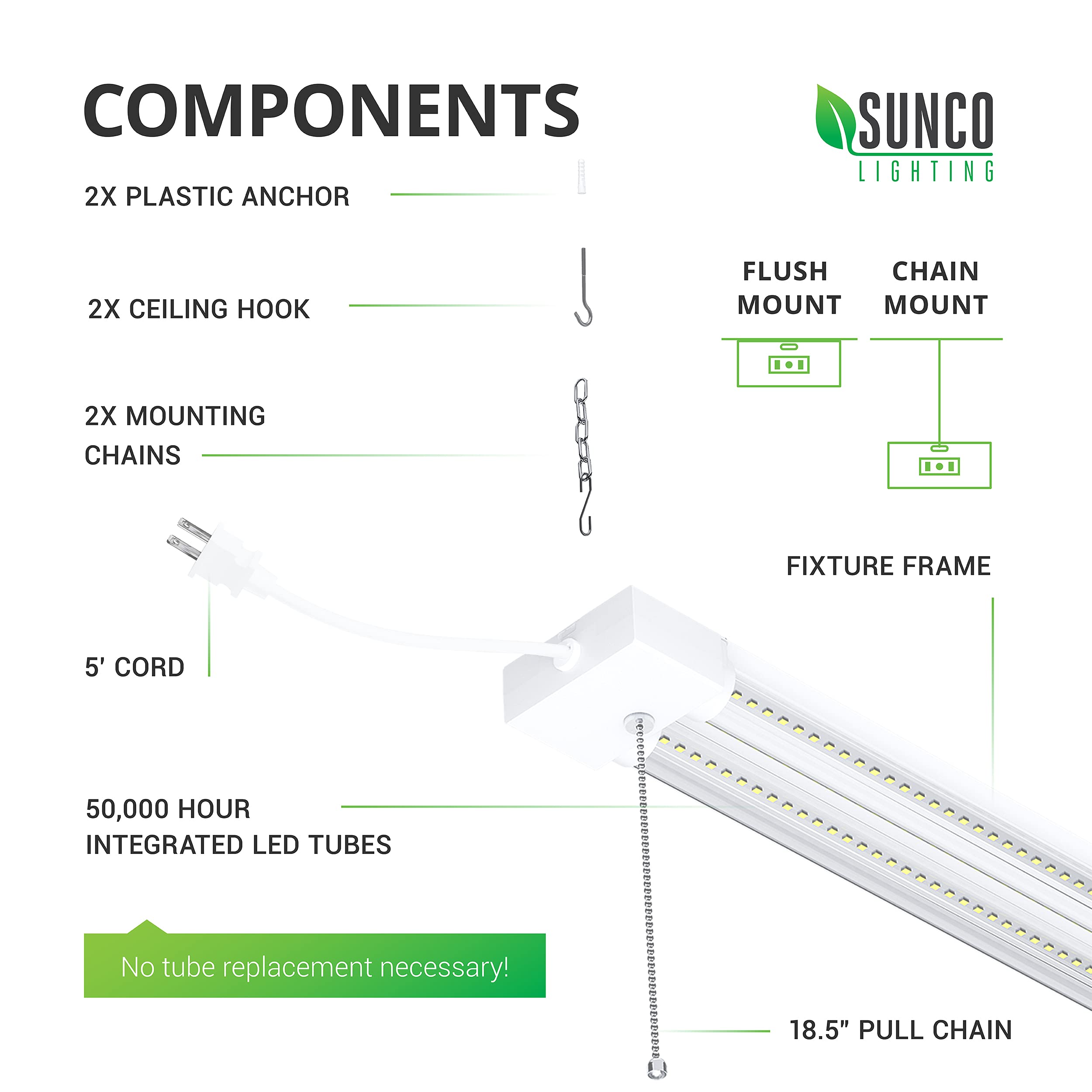 Sunco Lighting 10 Pack Shop Lights LED 4ft Plug in Linkable Garage Fixture, 4500 LM, Link Up to 4, 5FT Power Cable, Surface or Suspension Mount, 40W, 5000K Matte, White Utility 48 Inch Frosted ETL