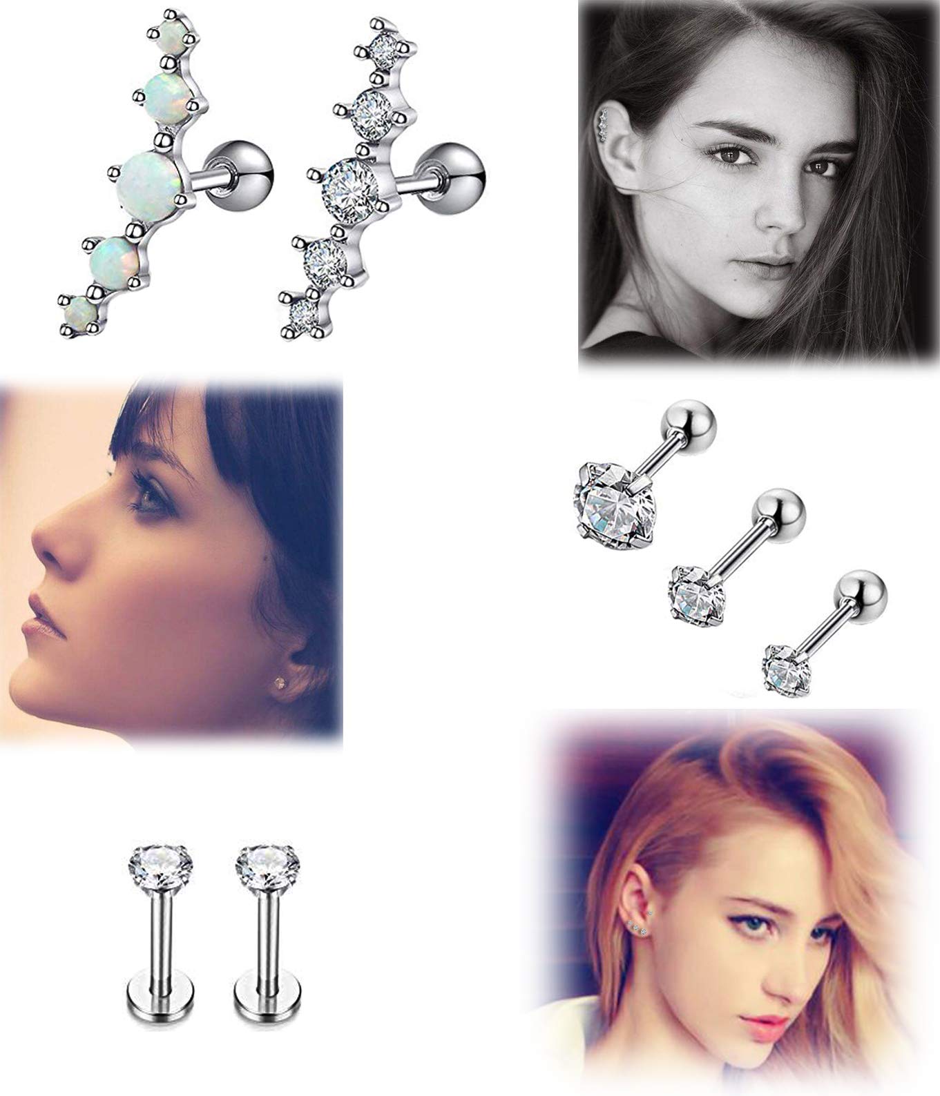 YOVORO 7Pcs 16G Stainless Steel Cartilage CZ Stud Earrings for Women Helix Tragus Daith Piercing Jewelry S2