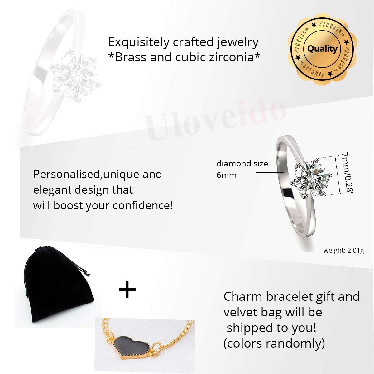 Uloveido Women Halo Setting Tarnish Resistant Engagement Solitaire Ring for Mom Platinum Plated Wedding Band Anniversary Rings (Size 8) J002-FEMALE