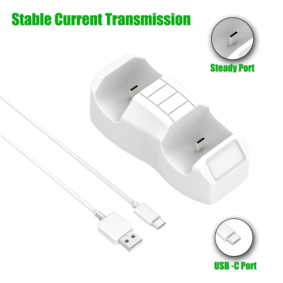YoYaFe PS5 Controller Charger, Dual USB Type C Charging Station for Playstation 5, IC Protection, Fast Charging, Two Dualsense Charging Station for Playstation 5, PS5 Charging Dock - White