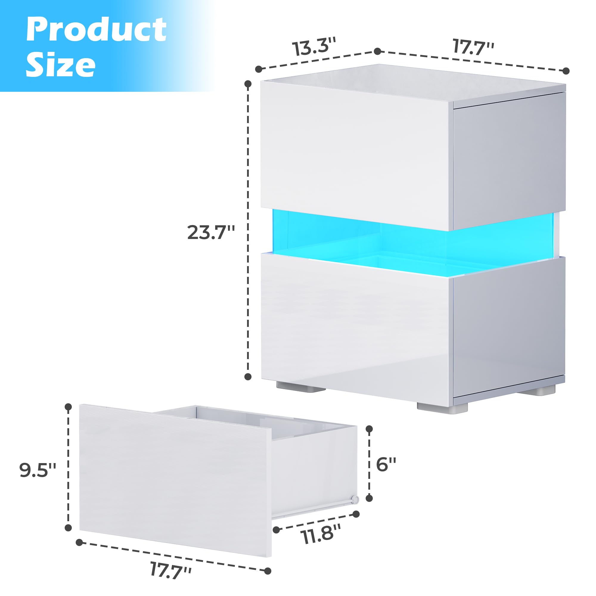 SUPERJARE LED Nightstands Set of 2, Bedside Tables with LED Lights, Night Stands with High Gloss Drawers, Remote, End Tables Side Tables, for Bedroom - White