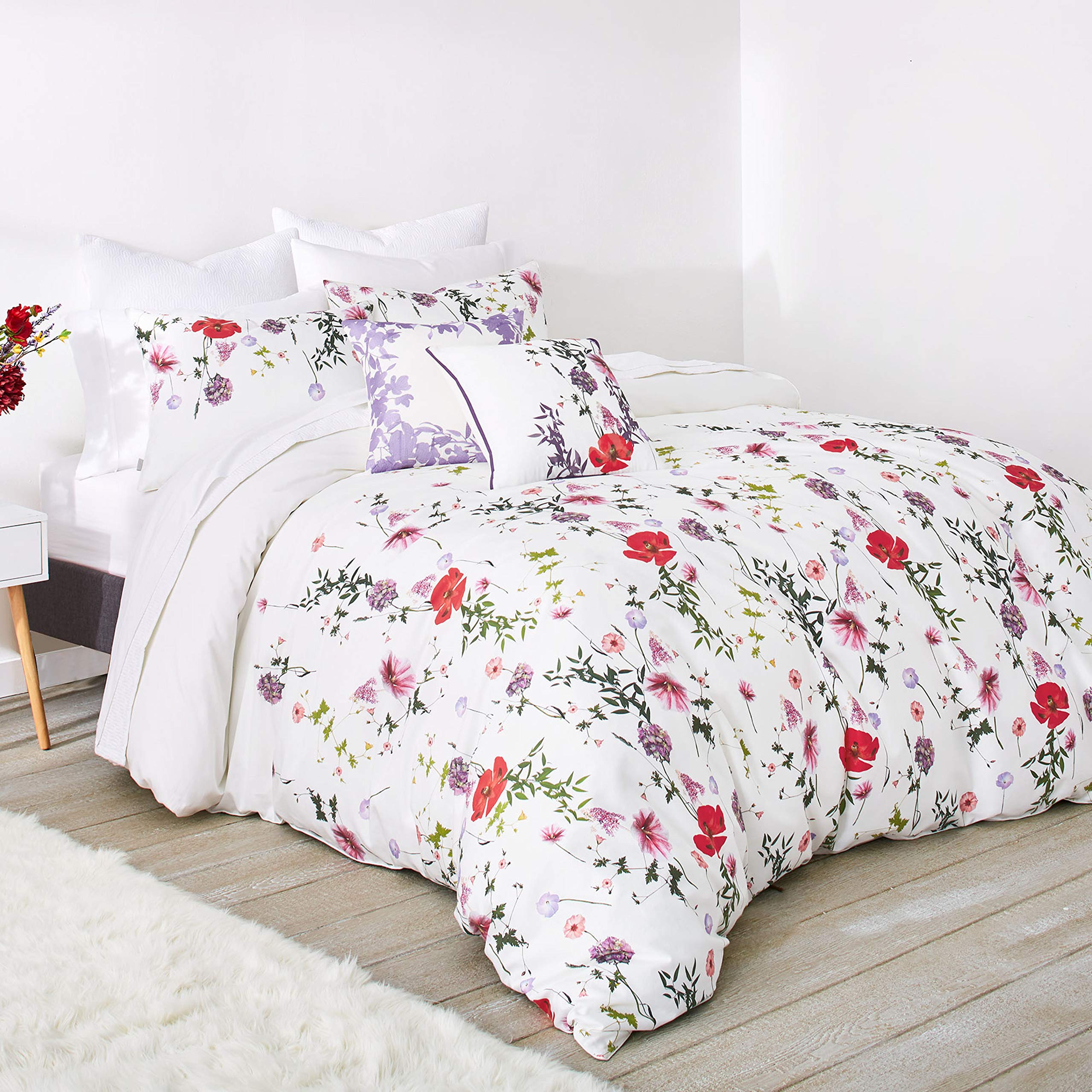 Ted Baker Hedgerow Cotton 2 Piece Duvet Set with Shams, Twin, Floral White/Red/Green