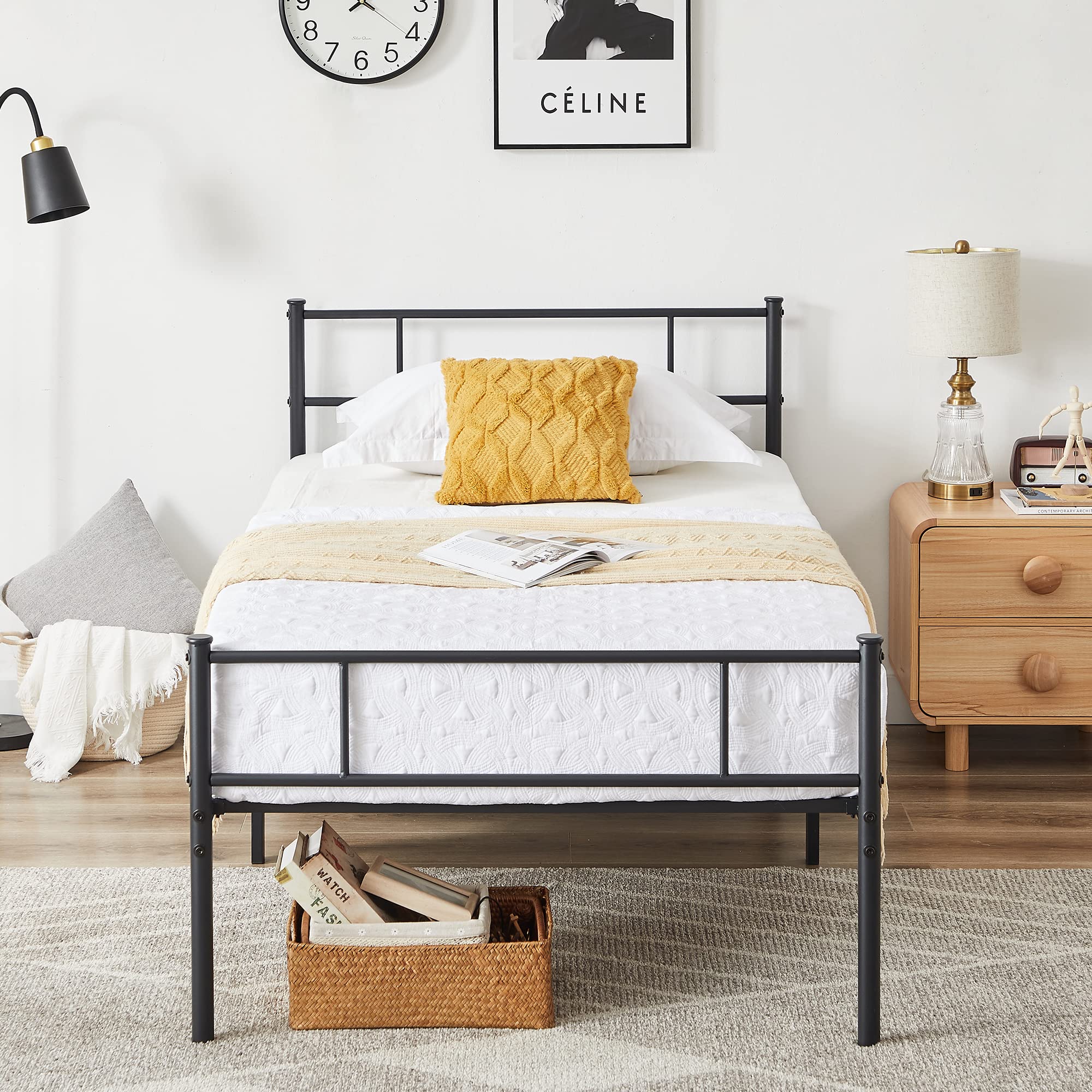 VECELO Queen Size Metal Platform Bed Frame with Headboard and Footboard & Strong Slats Support, No Box Spring Needed & Twin Platform Bed Frame with Headboard and Footboard, No Box Spring Needed