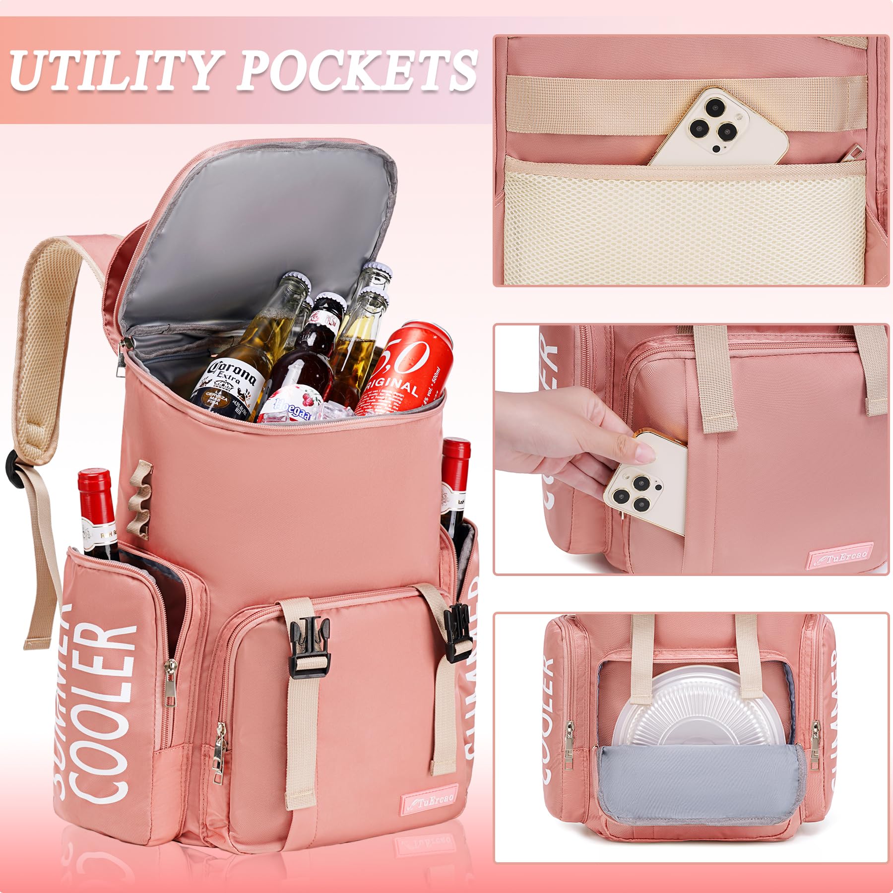 TuErCao Rose Pink Cooler Backpack Insulated Hiking Backpack for Women Men, 32 Liters Capacity, Leakproof and Made, Stylish Design and Idea Gift