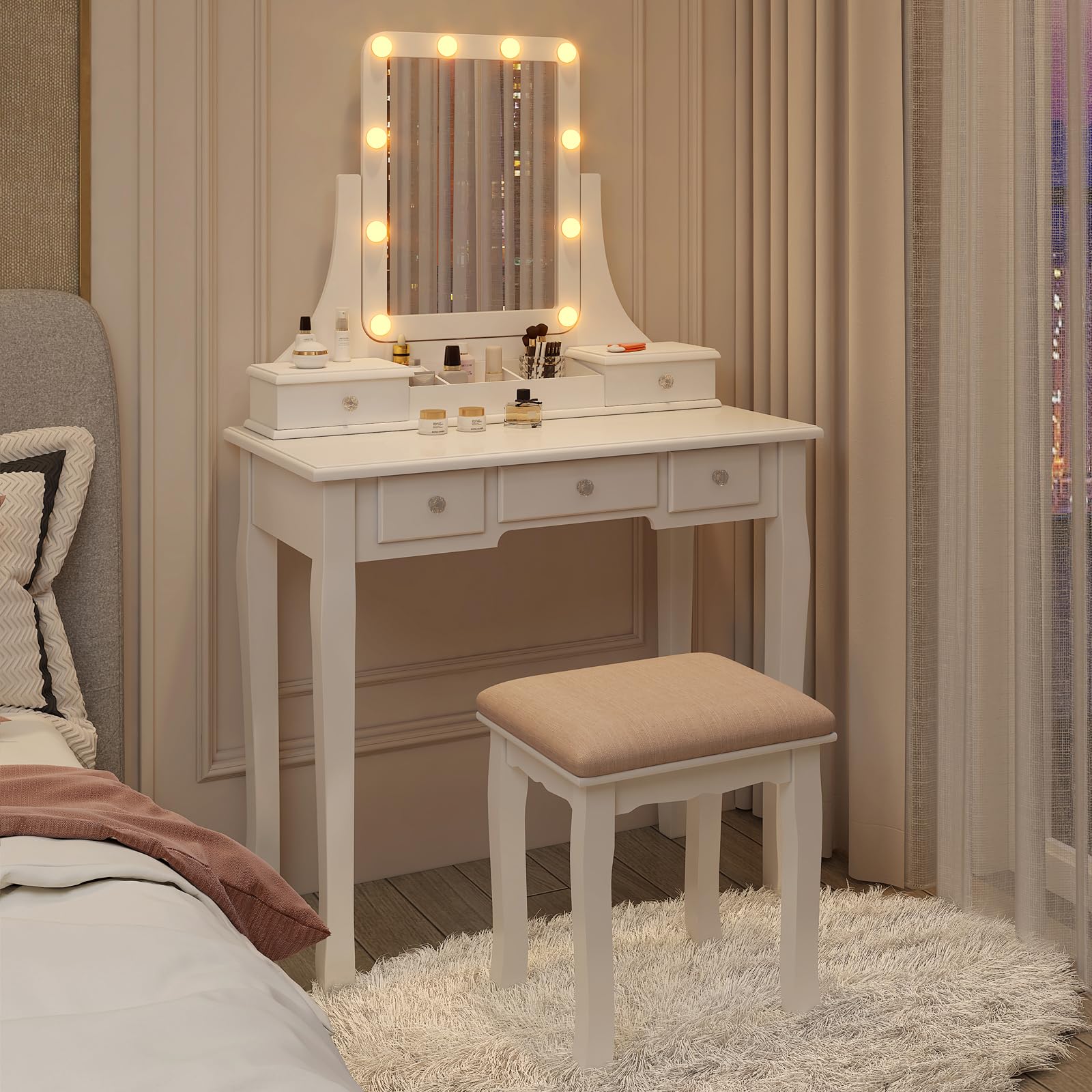 Vanity with Lights Makeup Vanity with Lights and 5 Drawers Vanity Desk with Mirror and Lights 360 Rotation Vanity Table with Lights Vanity with Lighted Mirror Vanity Table Vanity Set(White)