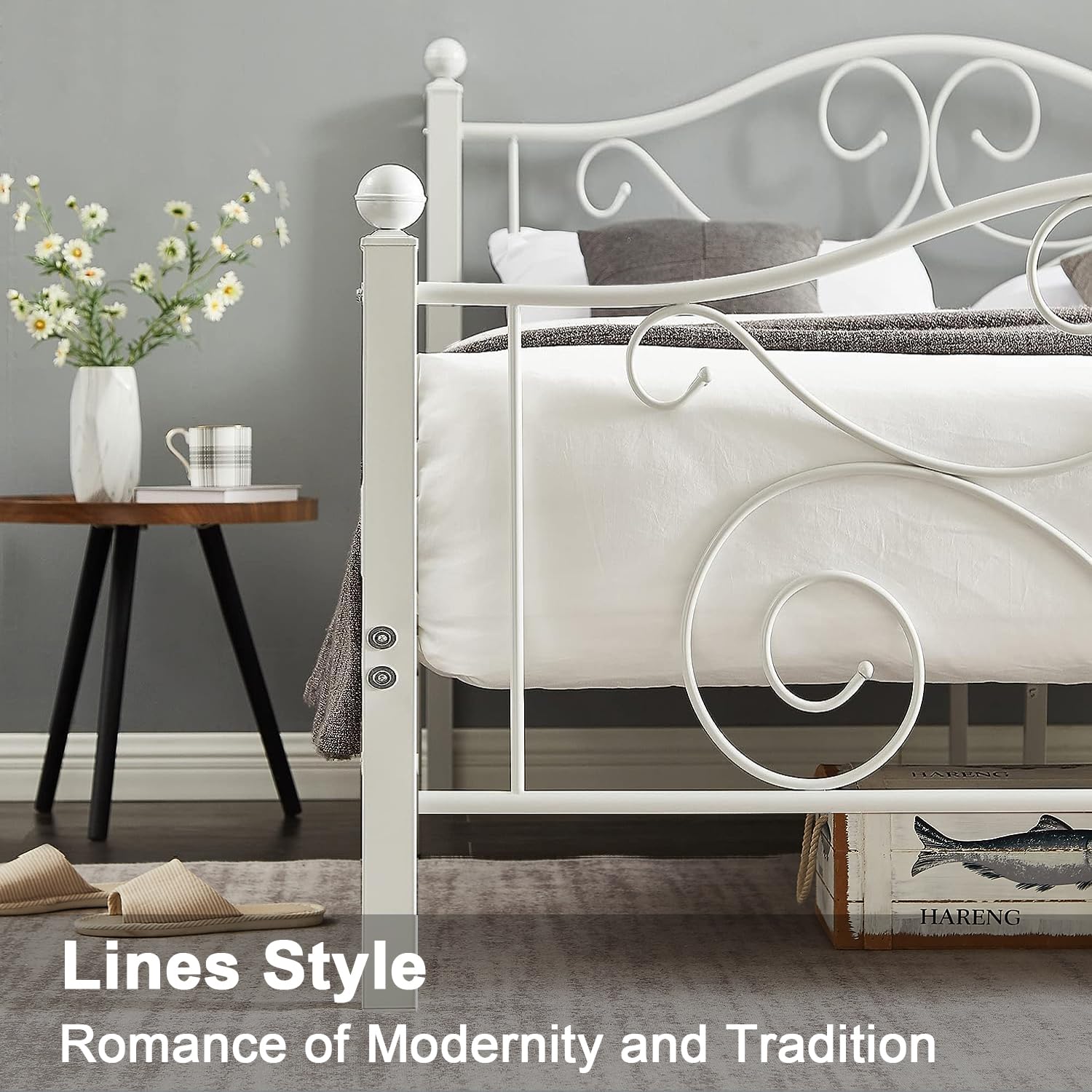 VECELO Queen Size Bed Frame with Headboard and Footboard, Heavy Duty Metal Slat Support, Platform Mattress Foundation, No Box Spring Needed, Easy Assembly, White