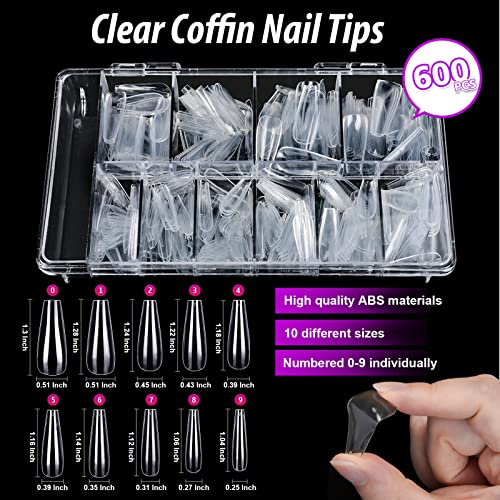 Teenitor 600pcs Clear Coffin Nail Tips, Acrylic Nail Kit, Clear Press On Nails, Long Fake Nails Coffin Nail Tips Full Cover, Acrylic Nail Clipper Nail Stand for False Nails