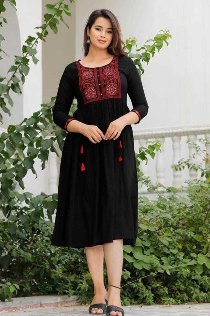Women's Rayon Embroidery Calf Length Anarkali kurti (Black, X-Large)