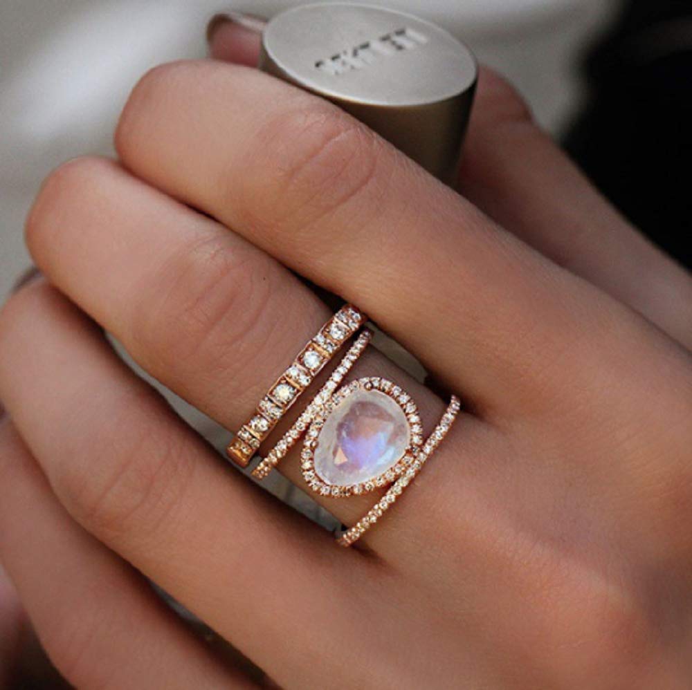 Weishu New Irregular Natural Moonstone Ring Plated in 14k Rose Gold Yellow Gold White Gold Micro-Inset Finger Ring (US Code 10)