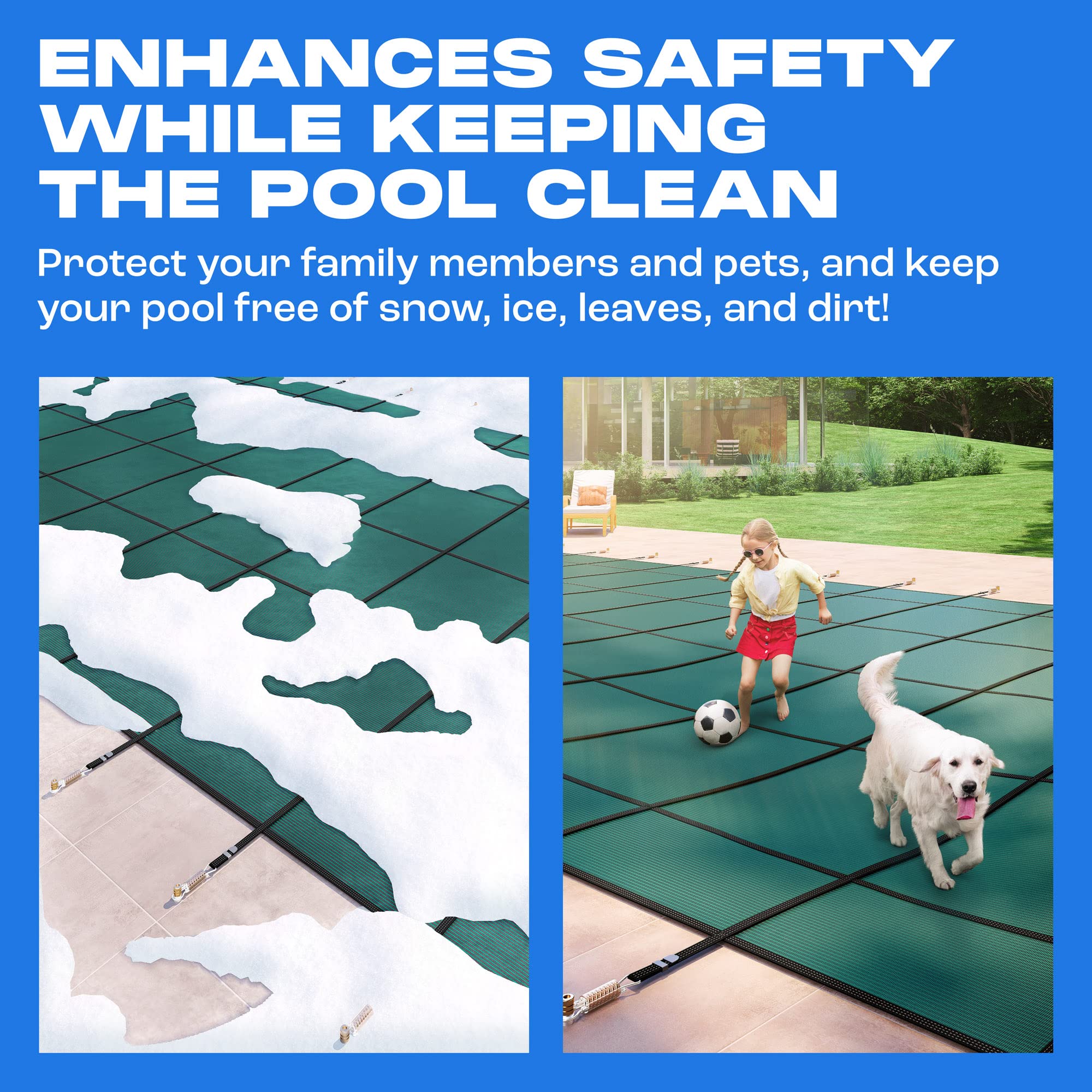 Yankee Pool Safety Inground Pool Cover - Full Set w/Pool Safety Net and Installation Tools | Ultra-Dense 16x32 Ft Safety Pool Cover w/Anchors, Steps | Cold-Resistant Pool Covers for Inground Pools