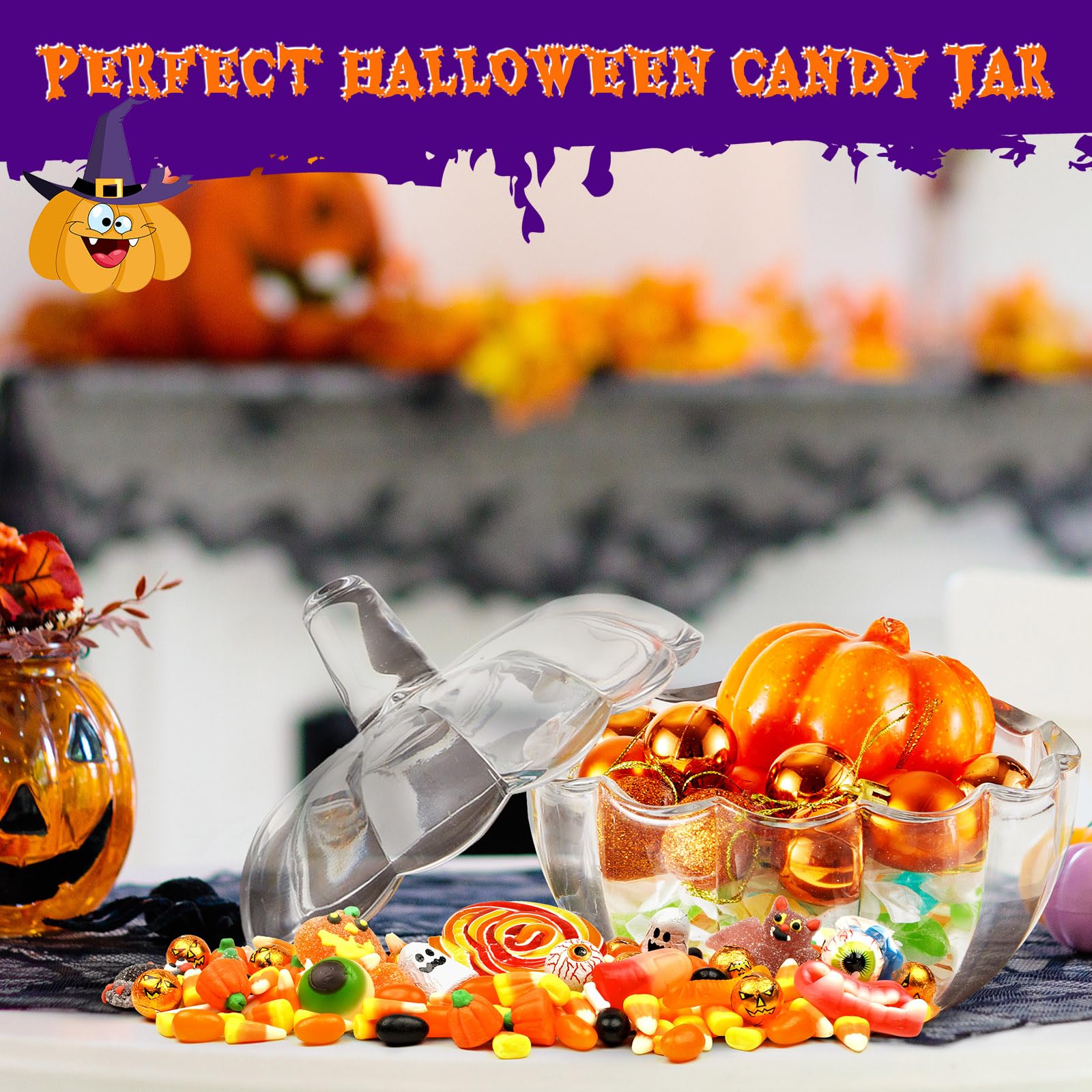 Tessco 2 Pcs 70oz Glass Pumpkin Candy Jar with Lid Halloween Pumpkin Jars Candy Bowl for Halloween Home Decoration (Clear,Large, Large)
