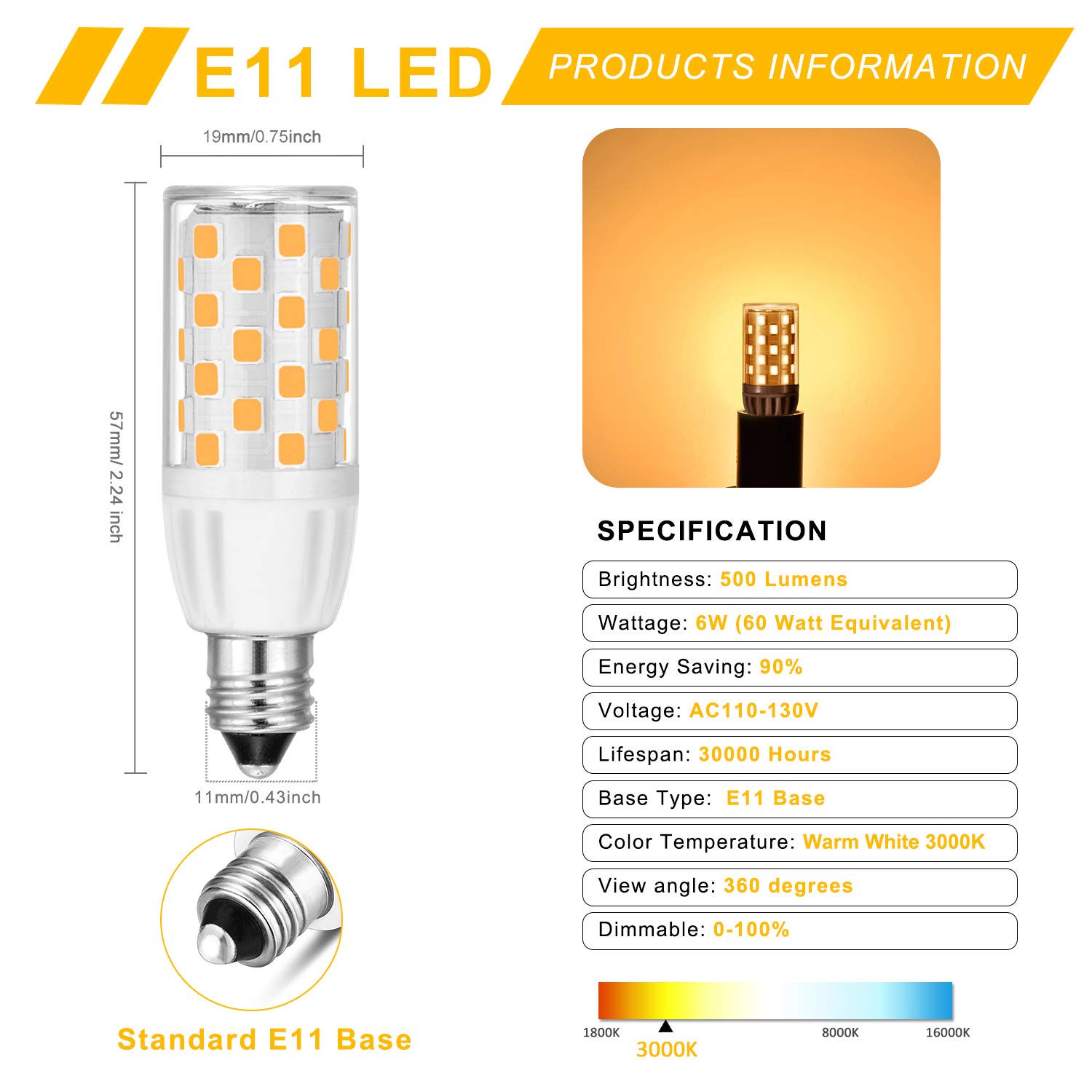 YUIIP E11 LED Dimmable Bulb 6W (50W 60W Halogen Bulbs Equivalent), Warm White 3000K JD E11 Mini Candelabra Base Corn Light Bulb, AC120V for Chandeliers Ceiling Fan Light, (Pack of 4)