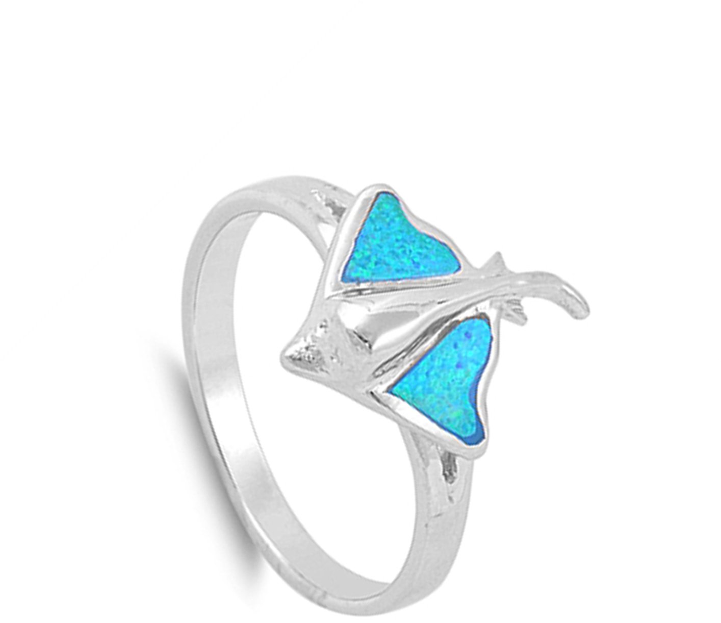 Women's Stingray Blue Simulated Opal Fashion Ring .925 Sterling Silver Band Size 9