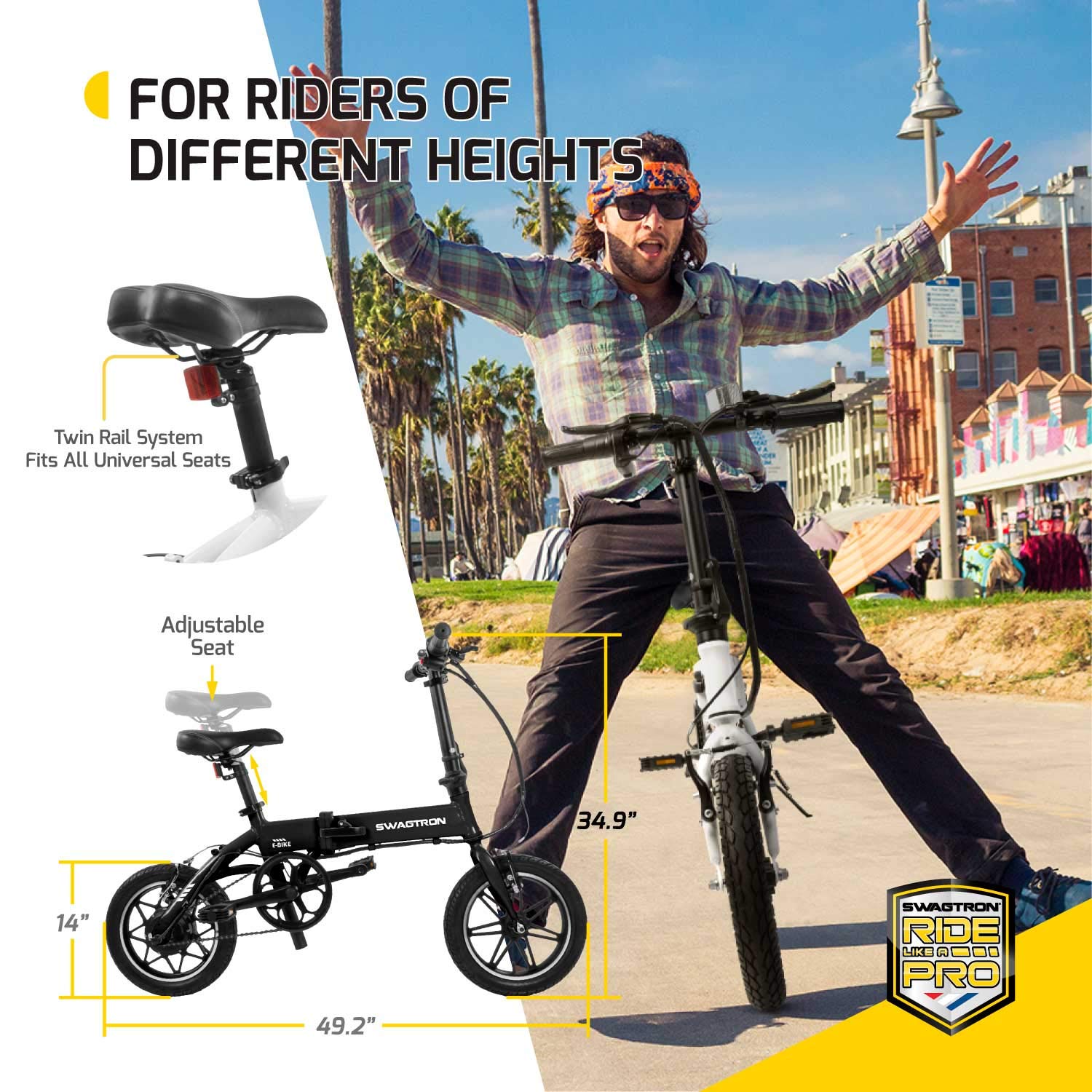 Swagtron Swagcycle EB-5 Lightweight Aluminum Folding Electric Bike with Pedals, Black, 58cm/Medium