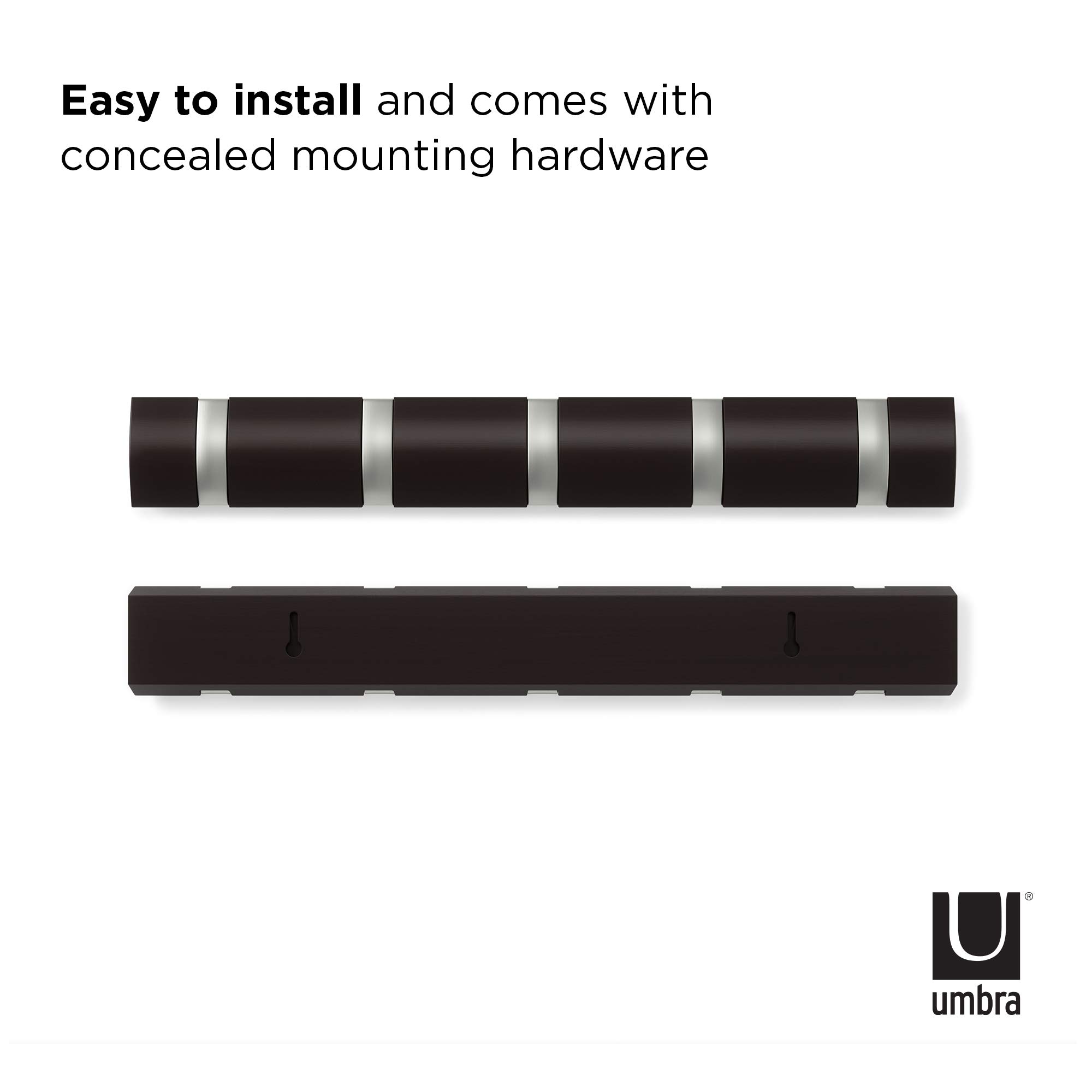Umbra Flip Wall-Mounted Coat Rack Rail Hook for Hats, Jackets, Bags and More β Modern, Space-Saving Storage Organizer for Entryway, Mudroom, Closet, Bathroom, Bedroom, Kids Room, or Nursery, 5 Hooks, Espresso/Nickel