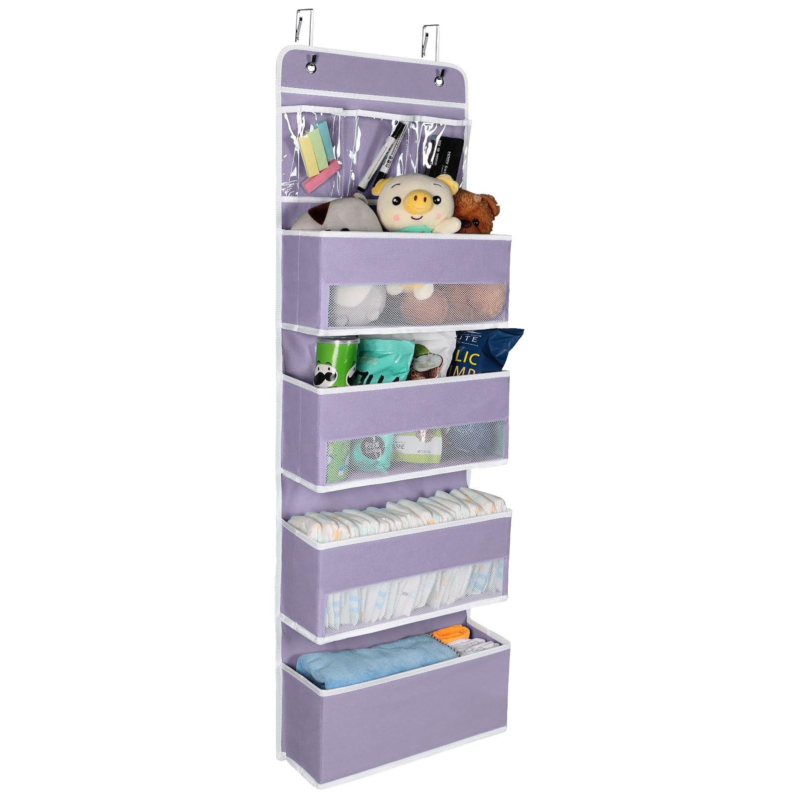 Univivi Door Storage Organizer Nursery Over the Door Organizer Baby Storage with 4 Large Pockets and 3 Small PVC Pockets for Cosmetics, Toys and Sundries (Purple)