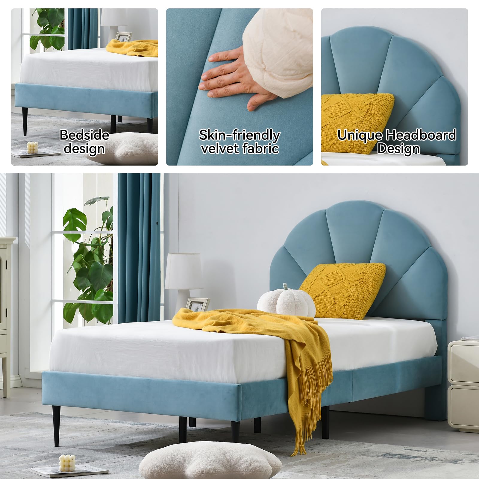 VELOCAVA Grey Bed Frame Twin Size, Cute Upholstered Bed with Sea Shell Tufted Headboard, Soft Velvet Platform Bed with Storng Wooden Slats Support, No Box Spring Needed, Easy to Assemble