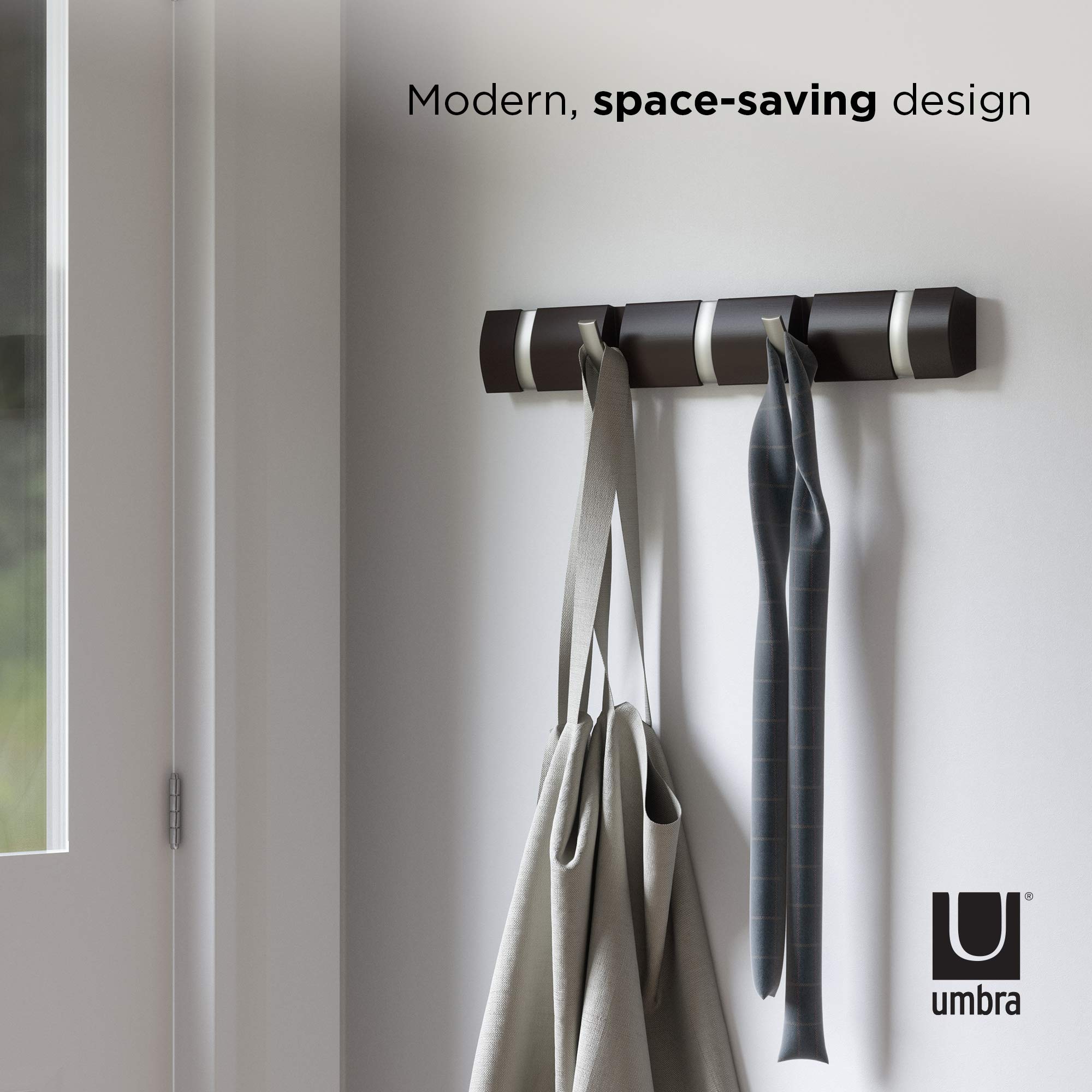 Umbra Flip Wall-Mounted Coat Rack Rail Hook for Hats, Jackets, Bags and More β Modern, Space-Saving Storage Organizer for Entryway, Mudroom, Closet, Bathroom, Bedroom, Kids Room, or Nursery, 5 Hooks, Espresso/Nickel