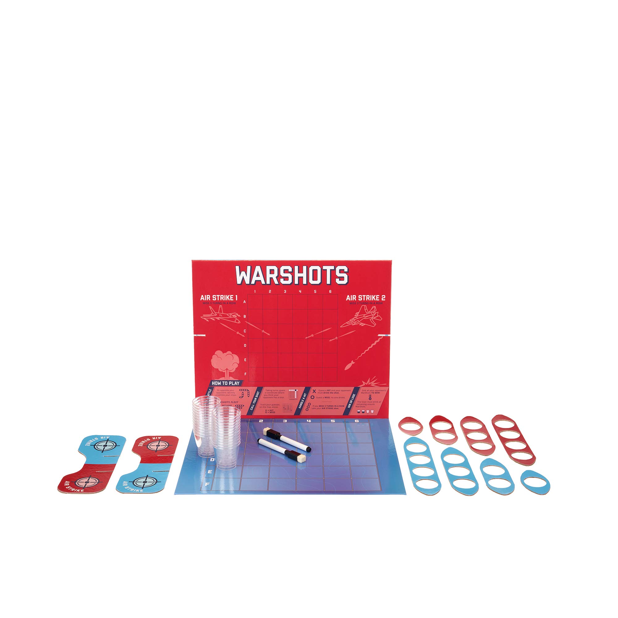 True War Shots Battle Shipwreck Drinking Board Game for Adults, Shot Glasses for Any Liquor or Beer, 2 Player Red and Blue, Paper, Plastic, Set of 1