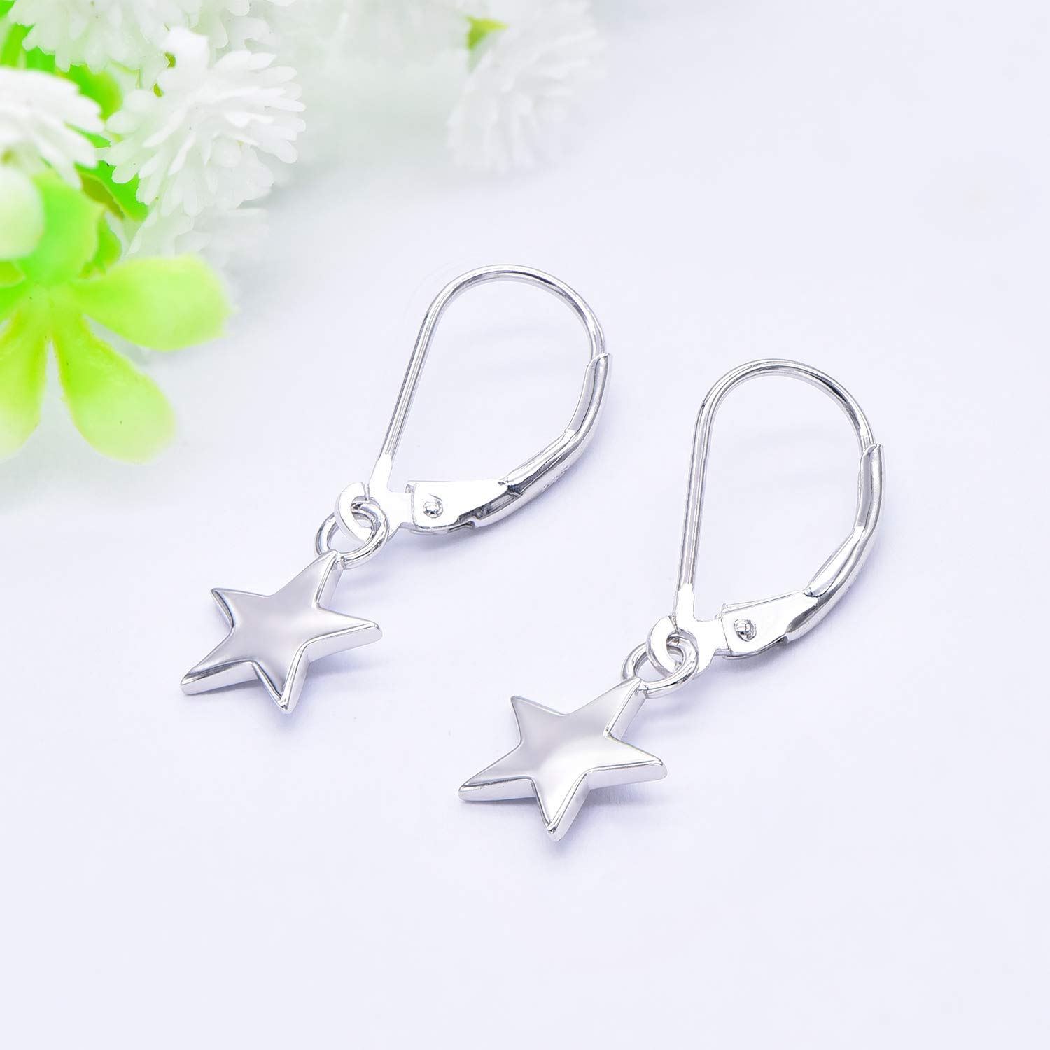 YL Star Earrings Sterling Silver Polished Dangle Drop Earrings Leverback Jewelry for Women