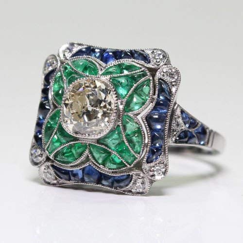 Yuren 925 Sterling Silver Vintage Emerald Ring Blue Sapphire White Topaz Ring Women Wedding Fashion Jewelry Size 6-10 (US Code 7)