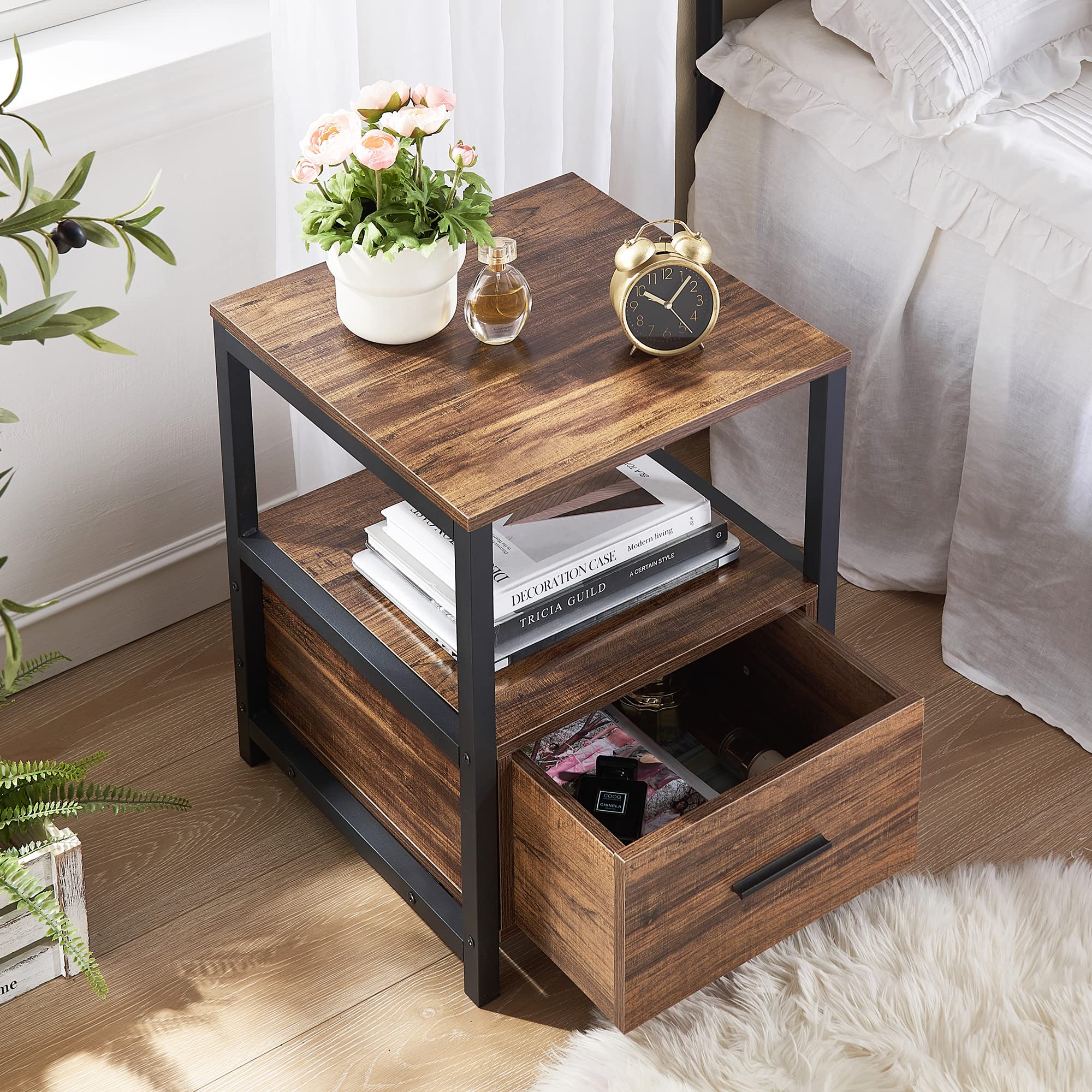 VECELO Nightstand Set of 2, Modern Square Side End Table, Night Stands with Drawer and Storage Shelf for Bedroom, Living Room, Study Metal Frame, 2 Pack, Brown