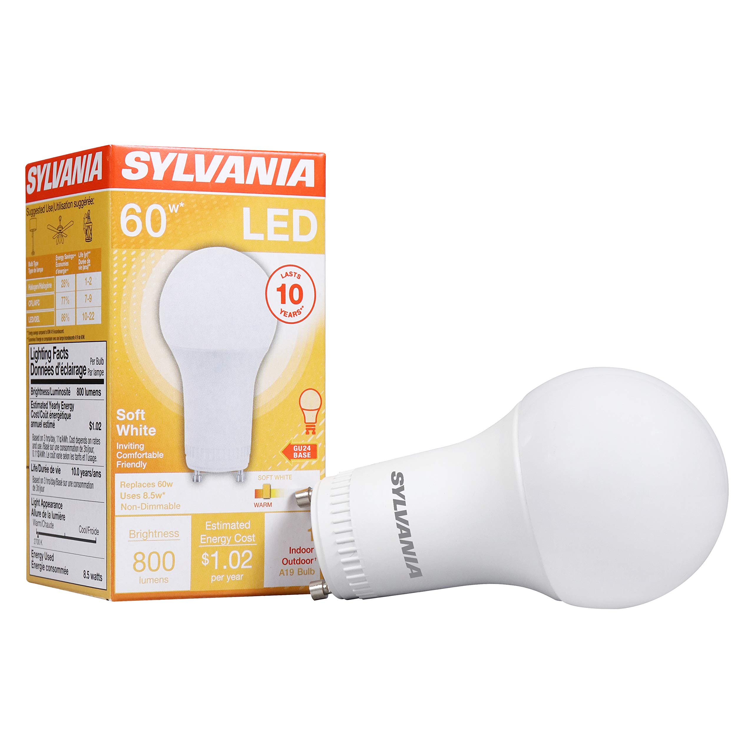 SYLVANIA A19 LED Light Bulb, 8.5W, 60W Equivalent, 10 Year, Non-Dimmable, 800 Lumens, 2700K, Soft White - 1 Pack (78106)