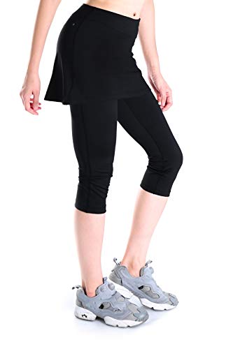 Yogipace Women's UV Protective Capri Leggings with Skirt, Running Skirted Capri, Active Skort with Golf Tennis Ball Pockets, Black, XS