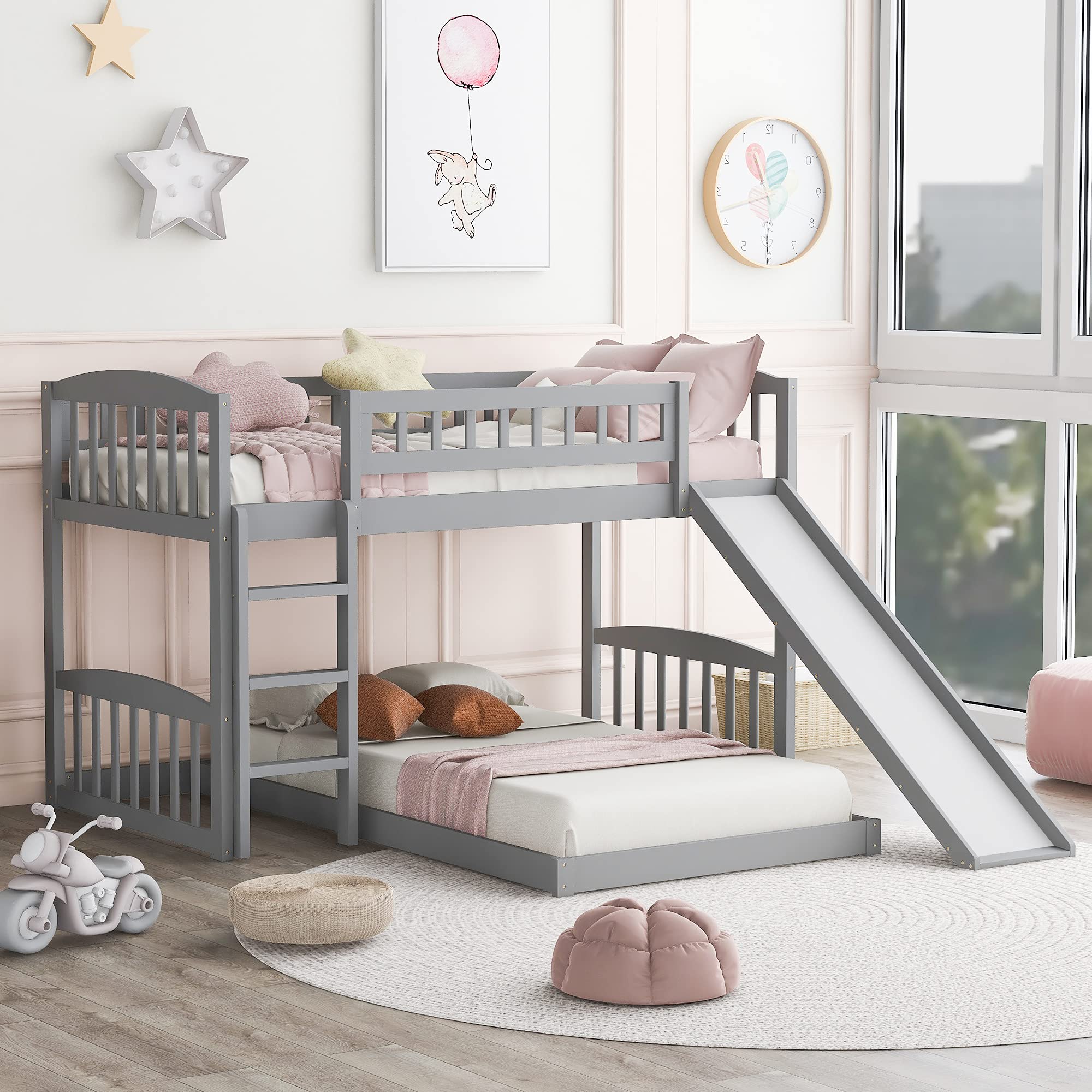 Tensun Low Bunk Bed Twin Over Twin, Wood Floor Bunk Bed with Slide and Ladder, L-Shape Bunk Bed for Bedrooms,Dorms,Kids,Toddlers,No Box Spring Needed,Easy to Assemble,Grey