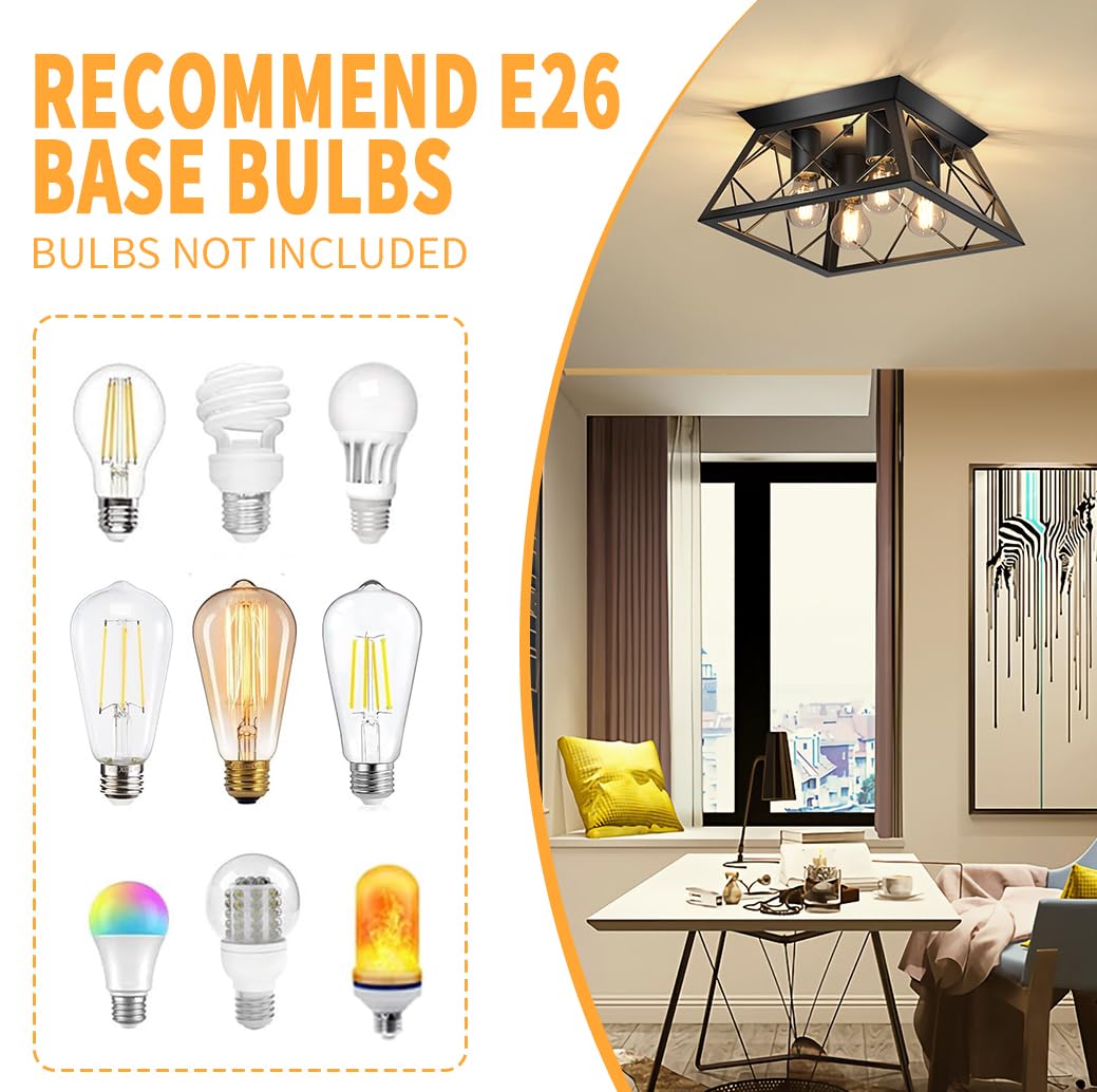 Umtozz 4-Light Kitchen Light Fixtures Ceiling Mount, Farmhouse Black Flush Mount Ceiling Light, Industrial Square Ceiling Light Fixture for Dining Room Living Room Bedroom