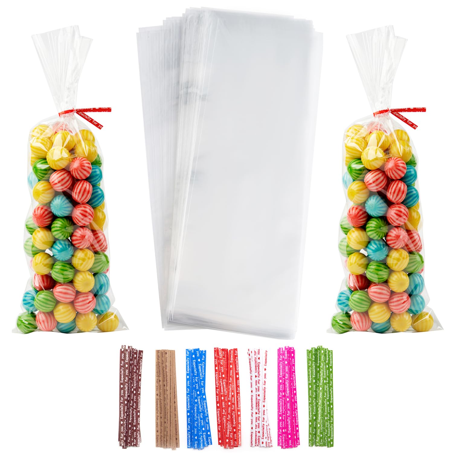 Volanic 100PCS Clear Treat Bags 4X11 Inches OPP Cello Cellophane Flat Bag With Colorful Twist Ties For Wedding Gift Candy Cookie Bakery Dessert Wrap