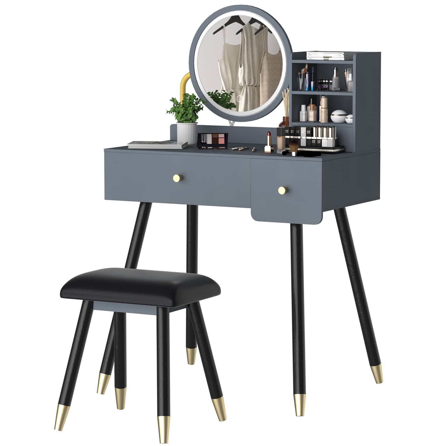 Visiblesser Vanity Desk with Mirror and Lights, 3 Color Lighting Modes Makeup Table Desk with Drawers, Make Up Vanity Table with Touch Screen Dimming Mirror, Vanity Set for Girls and Women