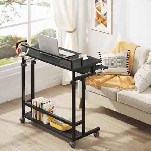 Tribesigns Rolling Computer Desk, Adjustable Height Couch Sofa Table with Pull Out Keyboard Tray for Laptop, Mobile Portable Standing Desk Bed Computer Cart for Small Space (Black)