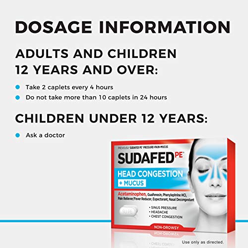 Sudafed PE Head Congestion + Mucus Relief Tablets for Sinus Pressure, Congestion, & Headache, Non-Drowsy Decongestant with Acetaminophen, Guaifenesin & Phenylephrine HCI, 24 ct