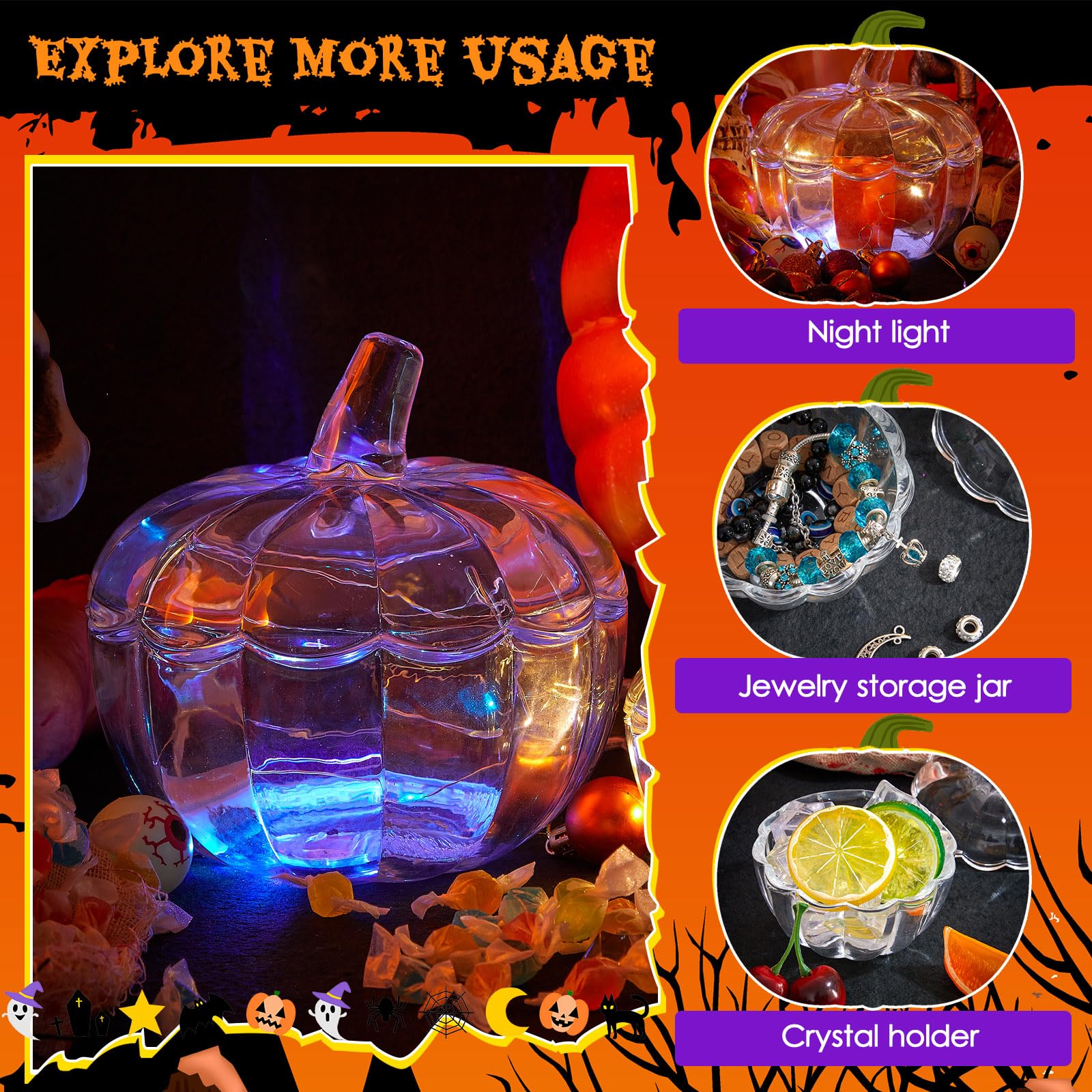 Tessco 2 Pcs 70oz Glass Pumpkin Candy Jar with Lid Halloween Pumpkin Jars Candy Bowl for Halloween Home Decoration (Clear,Large, Large)