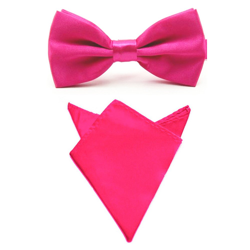 szzoqdz Men Satin Solid Color Pre-tied Tuxedo Bowtie Bow Tie Handkerchief Pocket Square Set (Hot Pink)