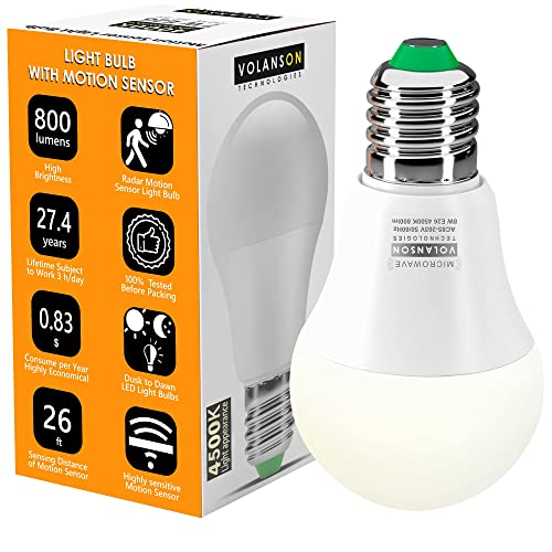 VOLANSON TECHNOLOGIES Motion Sensor Light Bulb Radar - 800lm Daylight Outdoor Indoor - Dusk to Dawn Motion Activated LED Bulbs - for Porch Garage Basement Stairwell - E26 A19 4500K Security