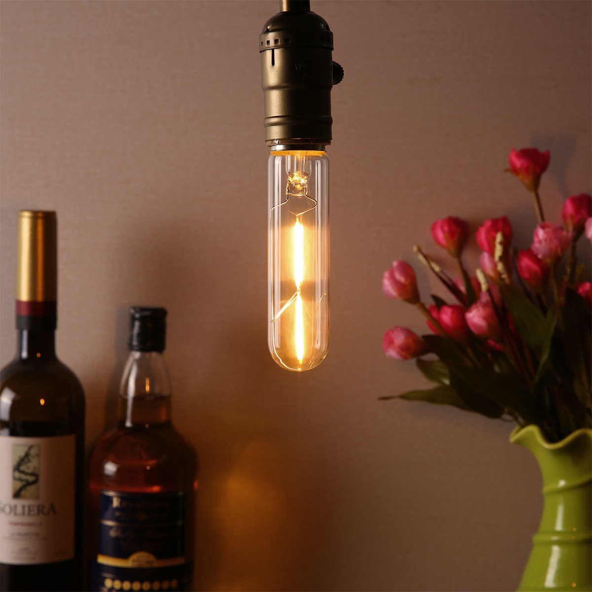 Vintage Edison LED Bulb 4 Pack,T10/T30 LED Bulbs 2W Antique COB Tubular Filament LED Bulb Tubular Edison Style LED Filament Bulb T10,Dimmable,E27 Medium Base,Warm White 2300K,Amber Glass Cover