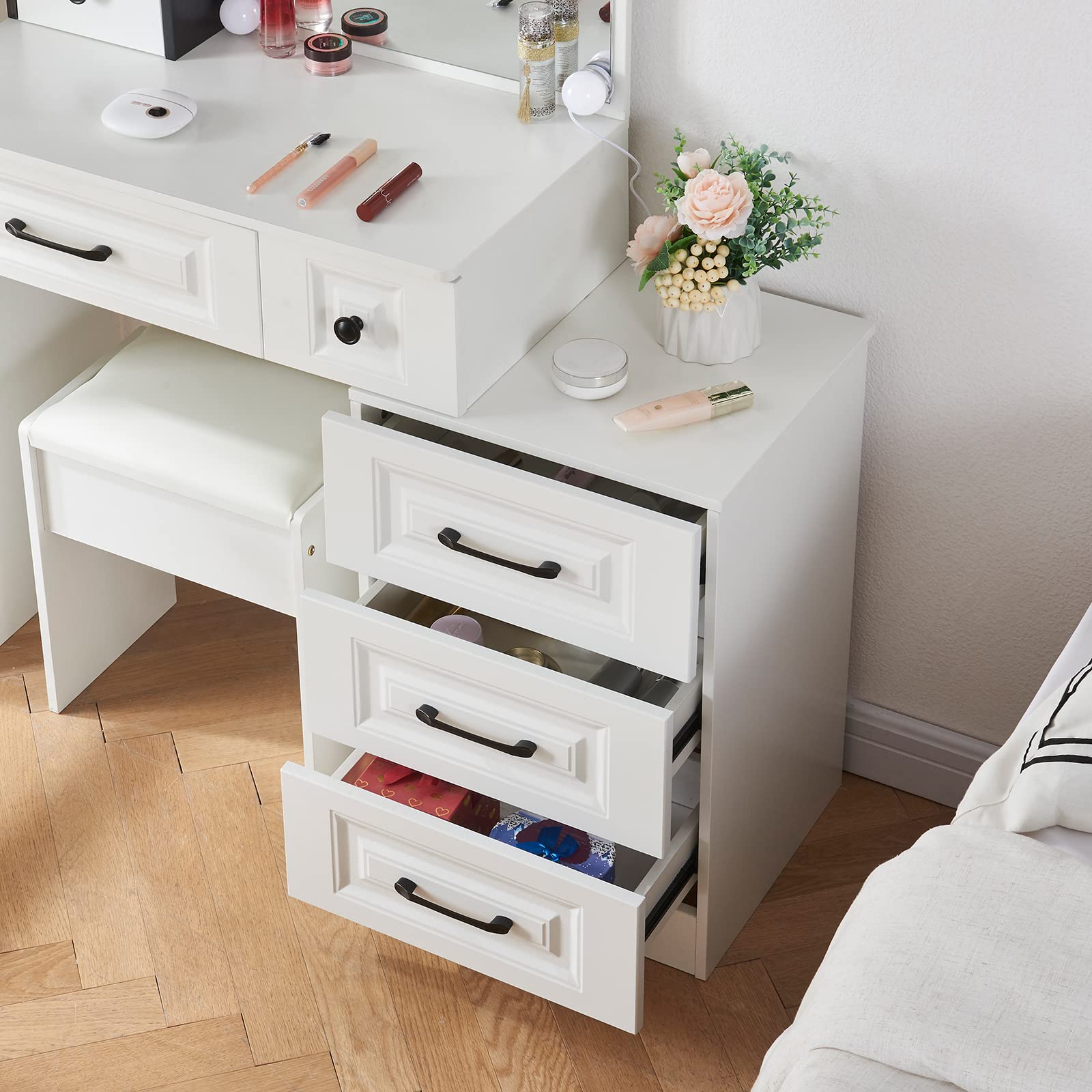 Xinhonglei Dressing Table with Lighted Mirror, Vanity Set with 5 Drawers and Cushioned Stool, White Modern Vanity Table Bedroom Furniture Dresser