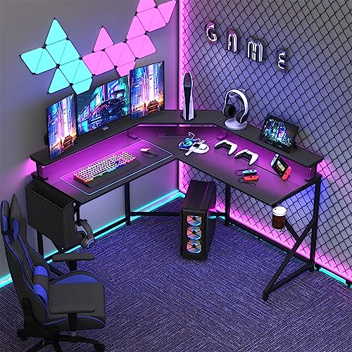 Wonder Comfort L Shaped 51 Inch Computer Desk with LED Lights,Corner Gaming Table Cup Holder Power Outlets/Monitor Stand for Home Office, Black