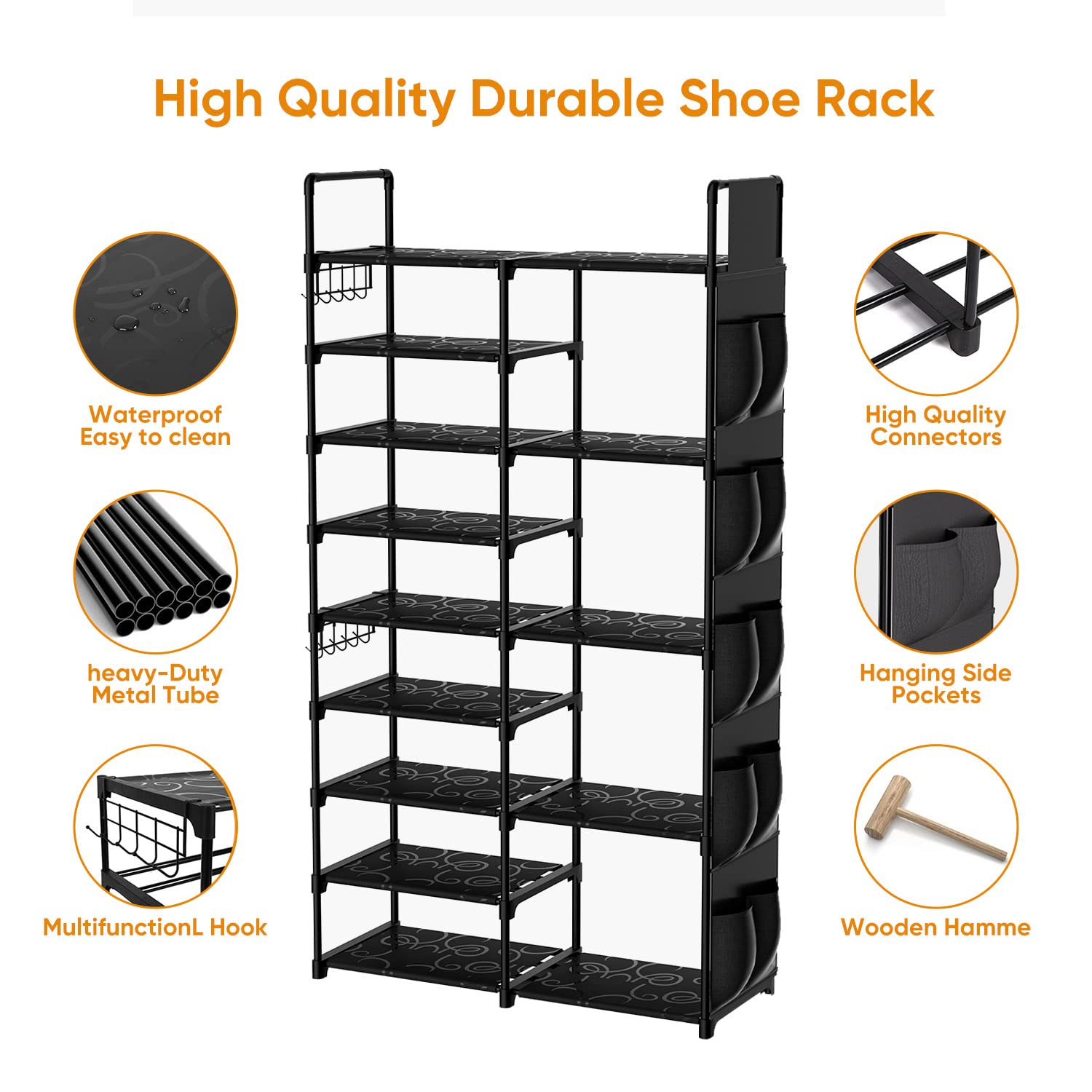XJJX 9-Tier Shoe Rack Organizer, 28 Pairs Metal Shoe Rack for Closet Boots Organizer Shoe Storage with Side Bag Stackable Shoe Stand for Entryway Hallway and Bedroom