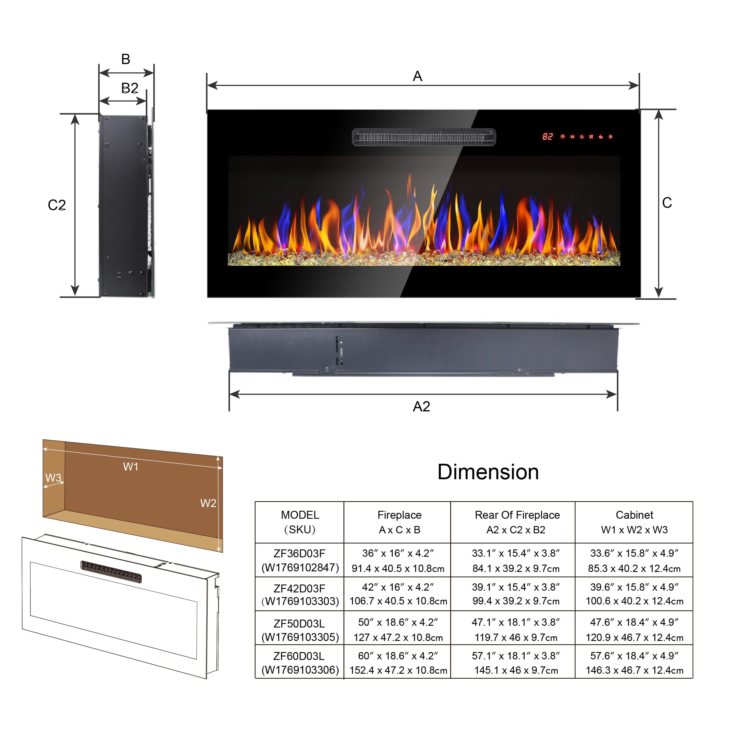 Wall Mount Floating Fireplace Electric Inserts with Remote Control, 16 Flame& Ember Color, Timer, Adjustable Brightness, 60 Inch Fire Place for the Living Room Bedroom, Double Safety Protection, 1400W