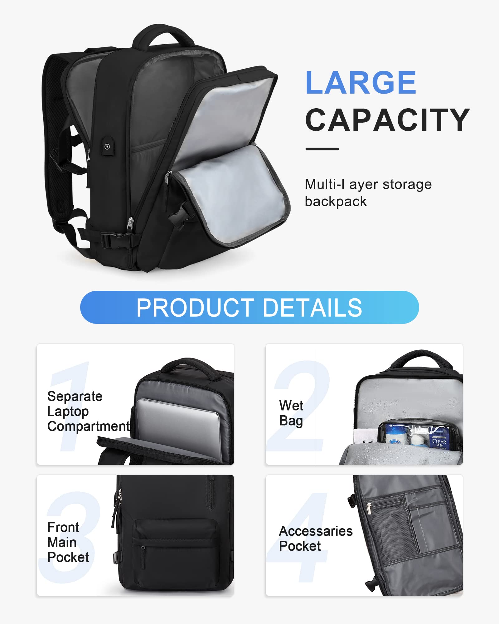 VECAVE Carry On Backpack for Women,Large Travel Backpack Flight Approved,Waterproof 17 Inch Laptop Backpack Business Work Backpacks Men Mochila De Viaje GreyBlue