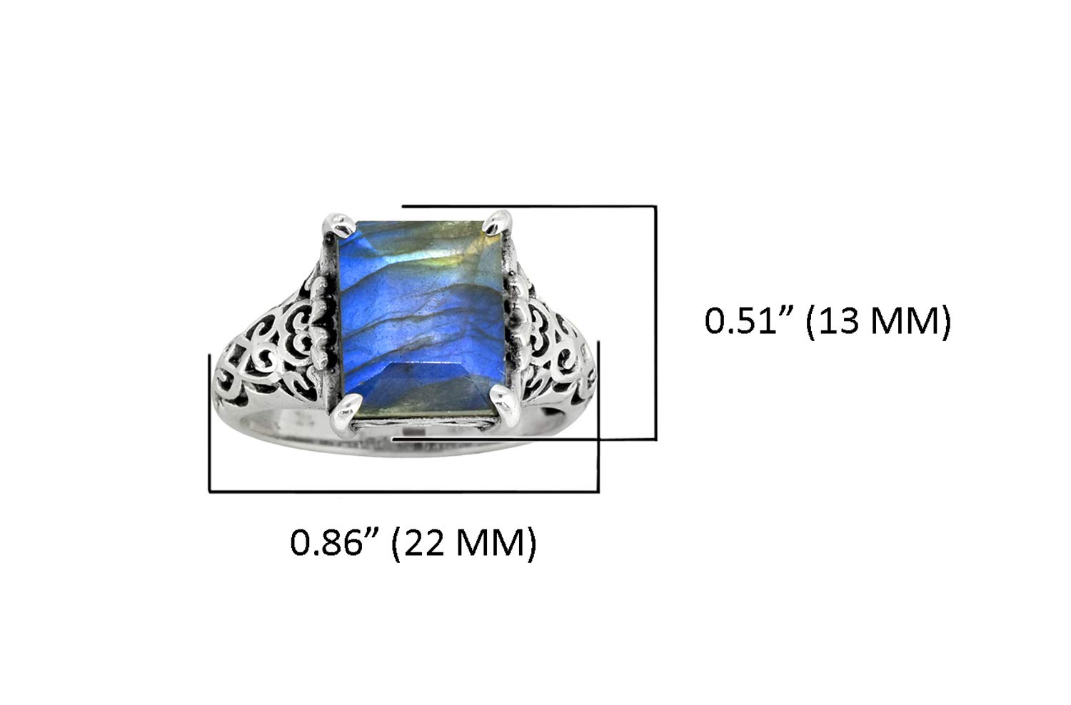 YoTreasure 10x12MM Blue Fire Labradorite Filigree Ring Solid 925 Sterling Silver Jewelry