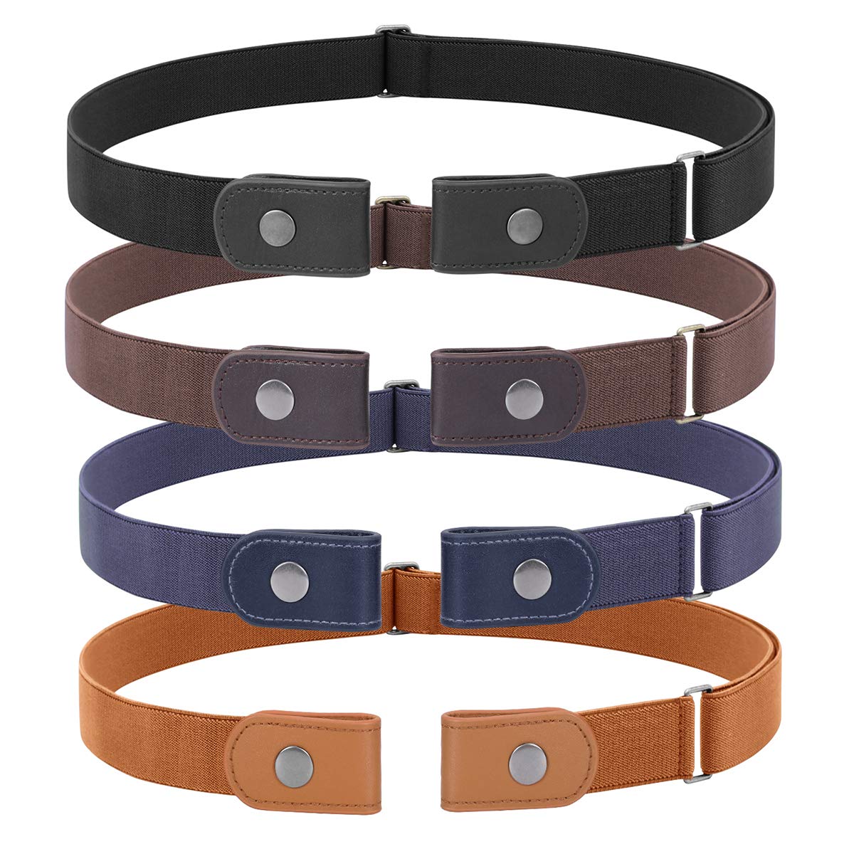 WHIPPY 4 Pieces No Buckle Stretch Women Belt for Jeans Pants, Buckle Free Comfortable Invisible Elastic Belts (Black Khaki Blue Brown, Fit Pants Size 22-36 Inches)