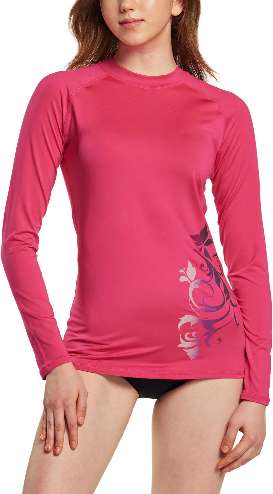 TSLA Women's UPF 50+ Rash Guard Long Sleeve, UV/Sun Protection Swim Shirts, Water Beach Surf Swim Top, Basic Print Black & Magenta, Large