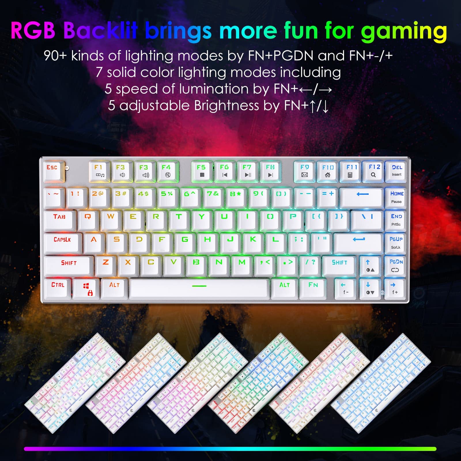 Z-88 Wired TKL Mechanical Gaming Keyboard, E-Element 81 Keys Compact Design Metal Top-Panel, Linear Red Switch, RGB Led Backlight Anti-Ghosting, Silver and White